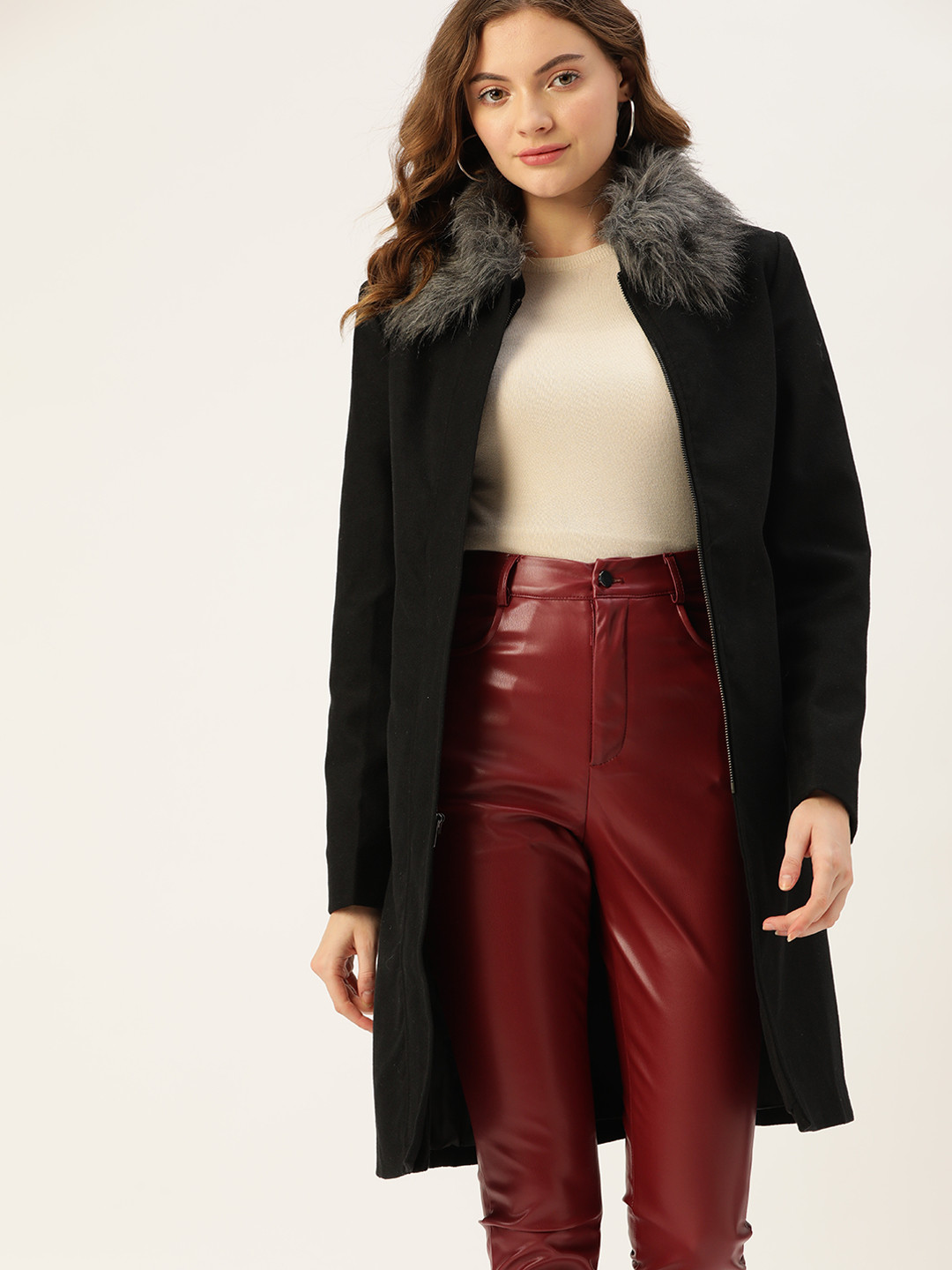 Buy DressBerry Women Black Solid Faux Fur Collared Longline Overcoat ...