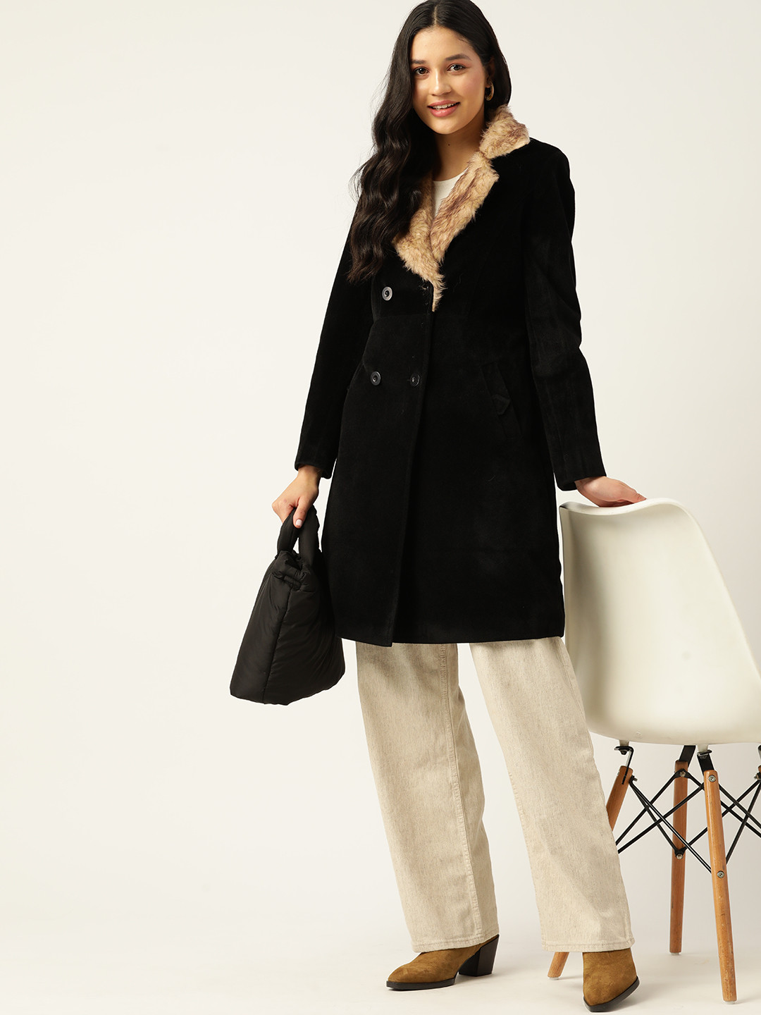 Buy Dressberry Women Faur Fur Trim Longline Overcoat - Coats for Women ...