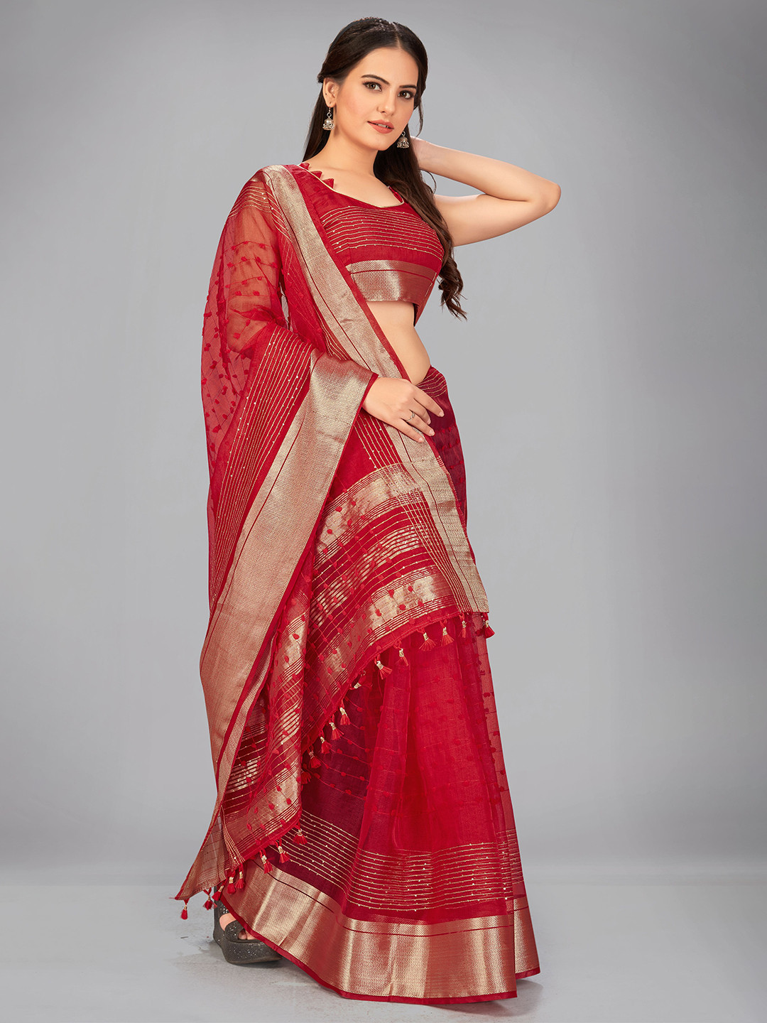 Buy MANOHARI Red & Gold Toned Woven Design Sequinned Silk Blend Saree ...