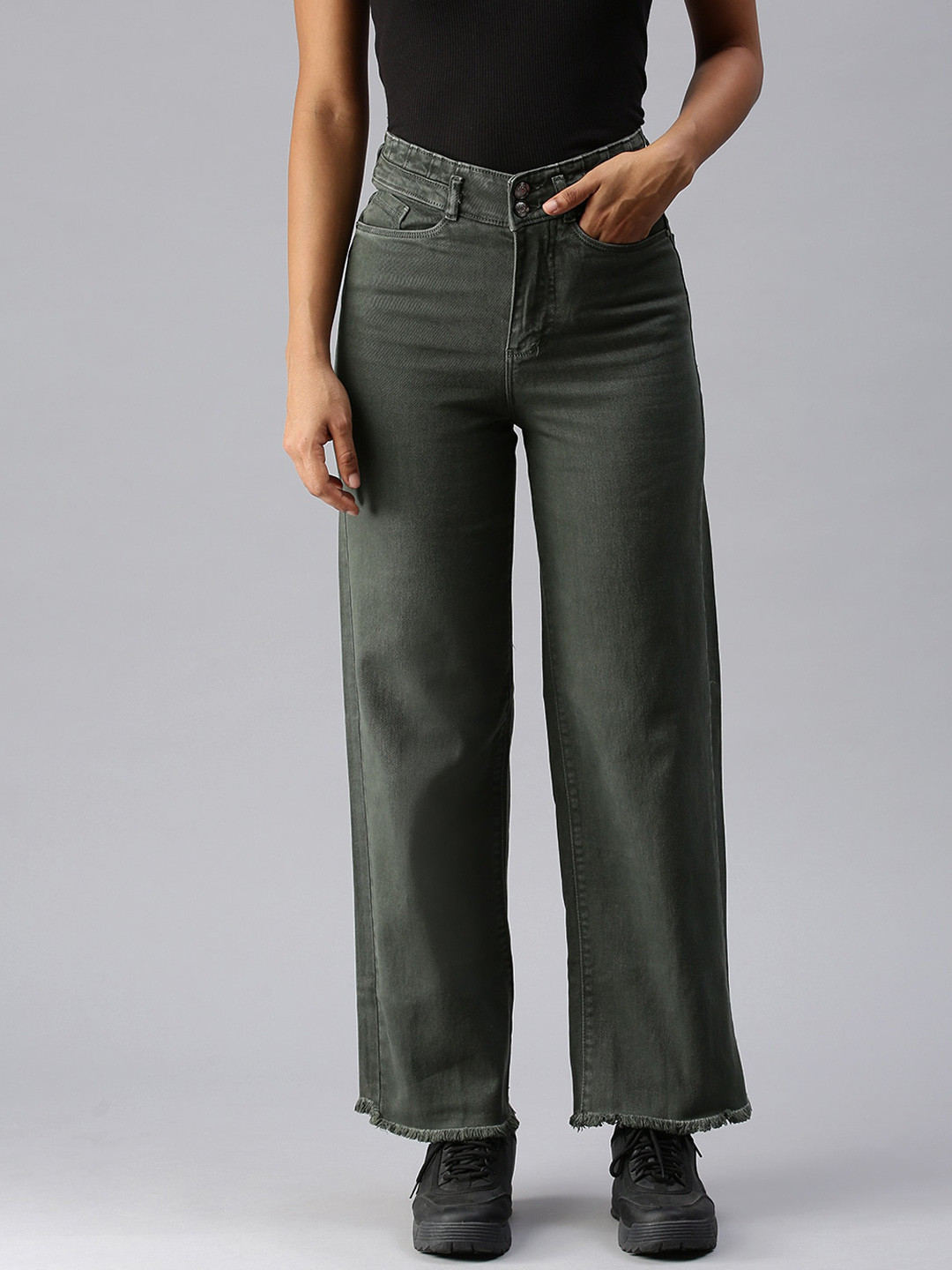 Buy SHOWOFF Women Olive Green Wide Leg High Rise Stretchable Denim ...