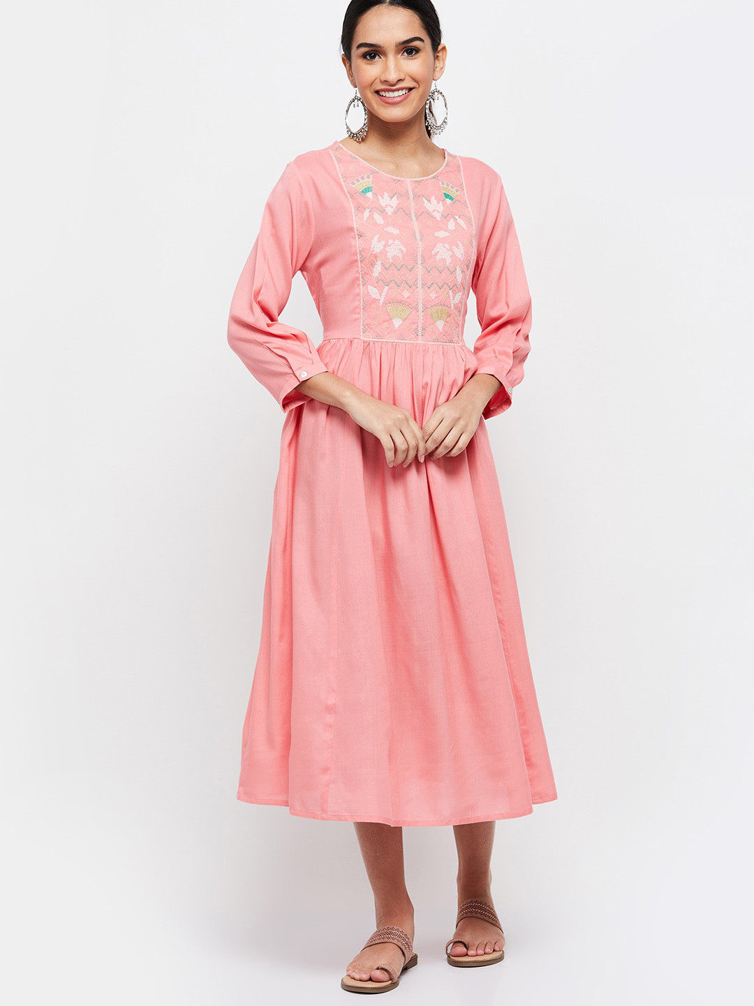 Buy Max Women Pink Floral Embroidered Midi Dress - Dresses for Women ...