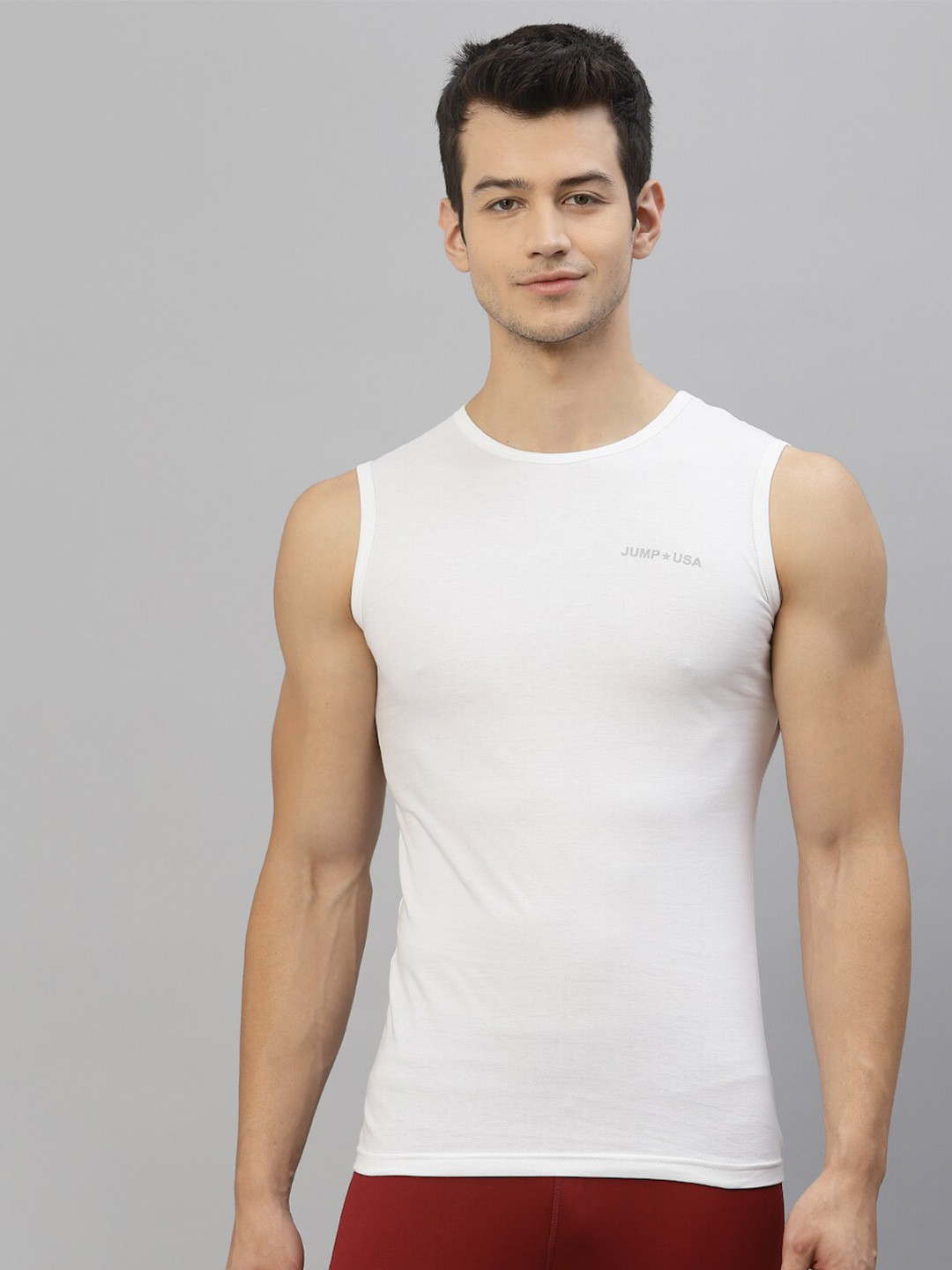 Buy JUMP USA Men White Pure Cotton Sleeveless T Shirt - Tshirts for Men ...