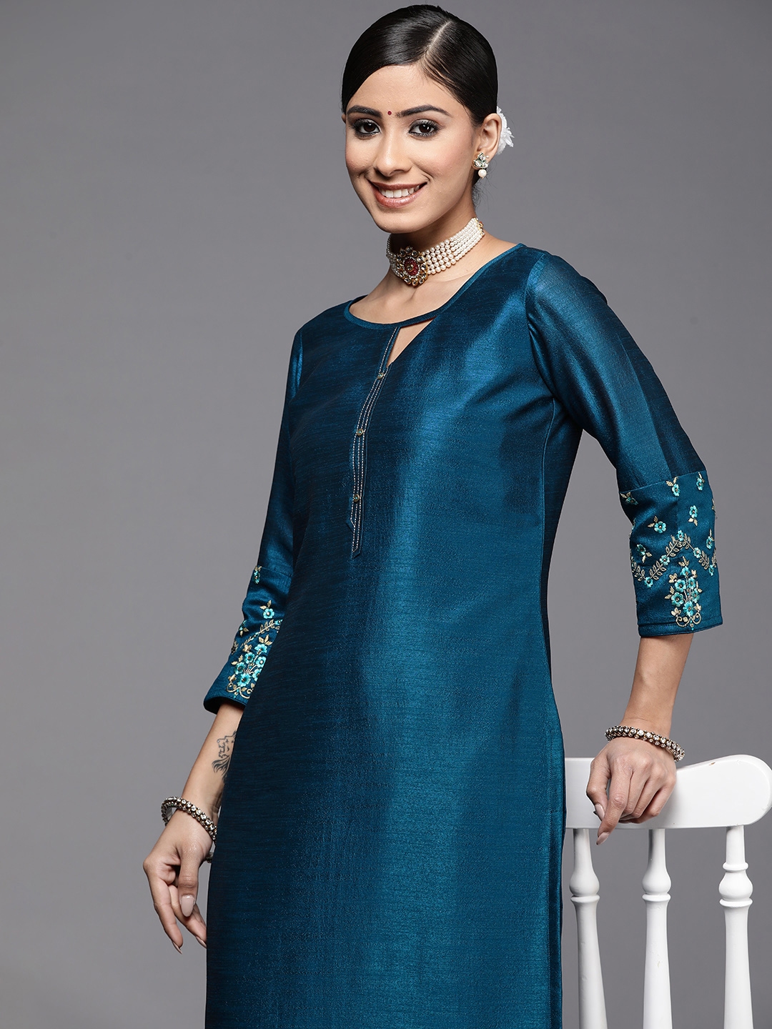 Buy Libas Women Teal Blue Thread Work Kurta Kurtas For Women 18149440