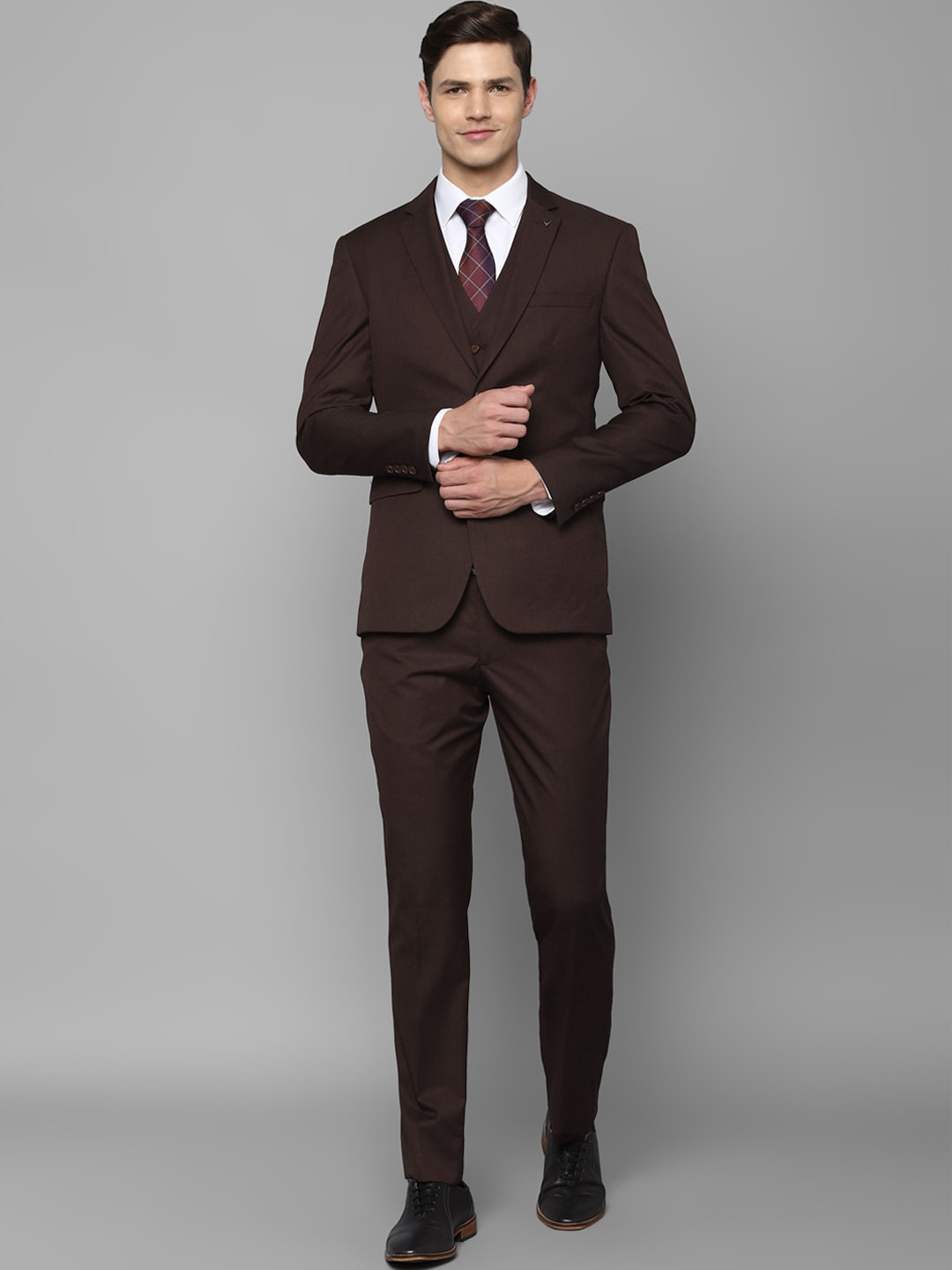 Buy Allen Solly Men Brown Solid Single Breasted Slim Fit 3 Piece Formal ...