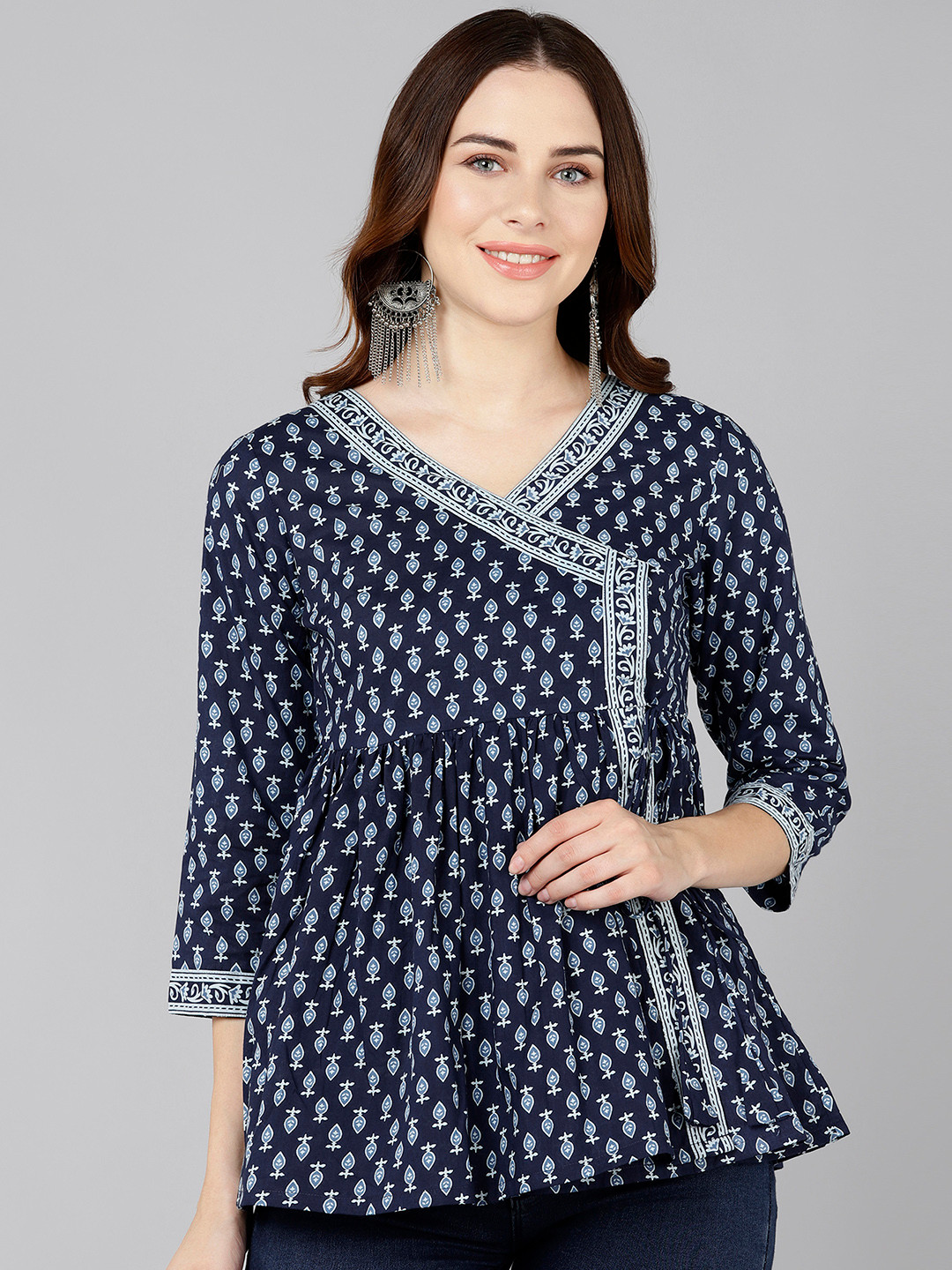 Buy ZNX Clothing Ethnic Motifs Printed V Neck Pure Cotton Angrakha ...