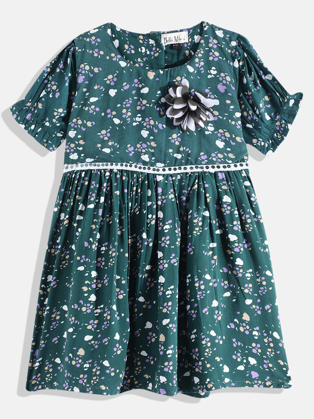 Buy Bella Moda Green & White Floral Pure Cotton Fit & Flare Dress ...