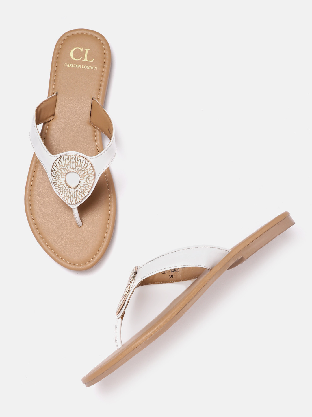 Buy Carlton London Women White & Gold Toned Embellished Open Toe Flats ...