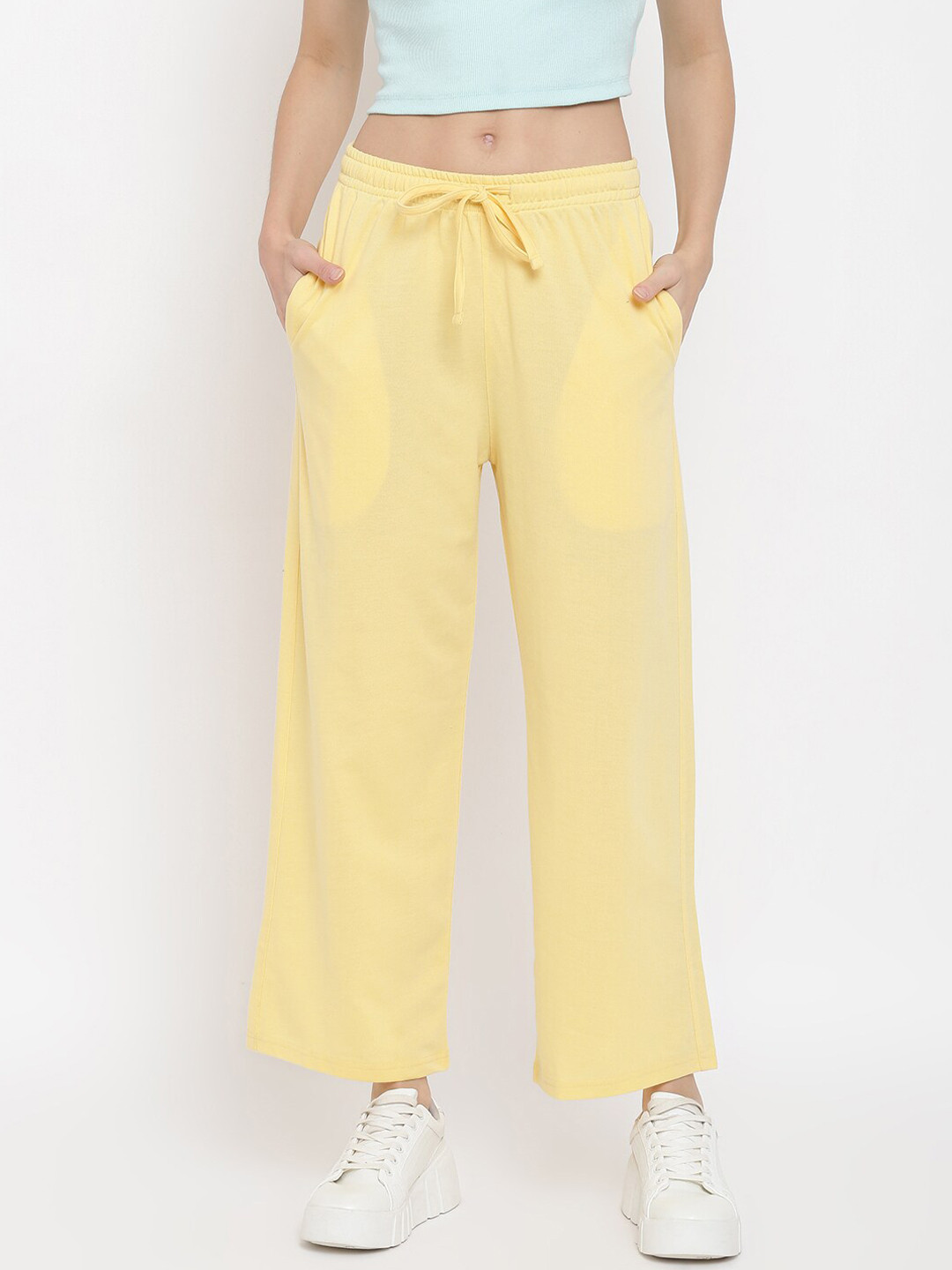 Buy MKH Women Yellow Solid Wide Leg Track Pants - Track Pants for Women ...