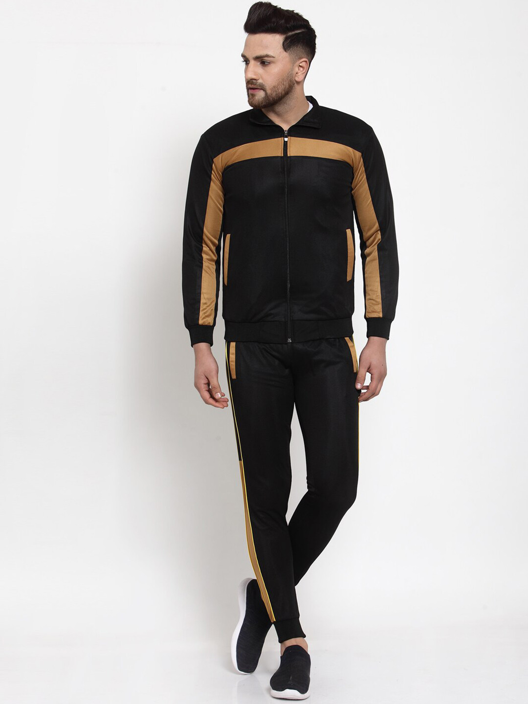 Buy KLOTTHE Men Black & Gold Coloured Colourblocked Tracksuit ...