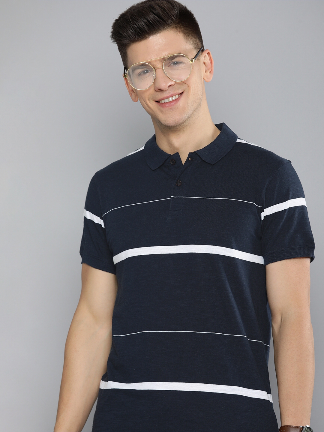 Buy Mast And Harbour Men Navy Blue And White Striped Polo Collar T Shirt