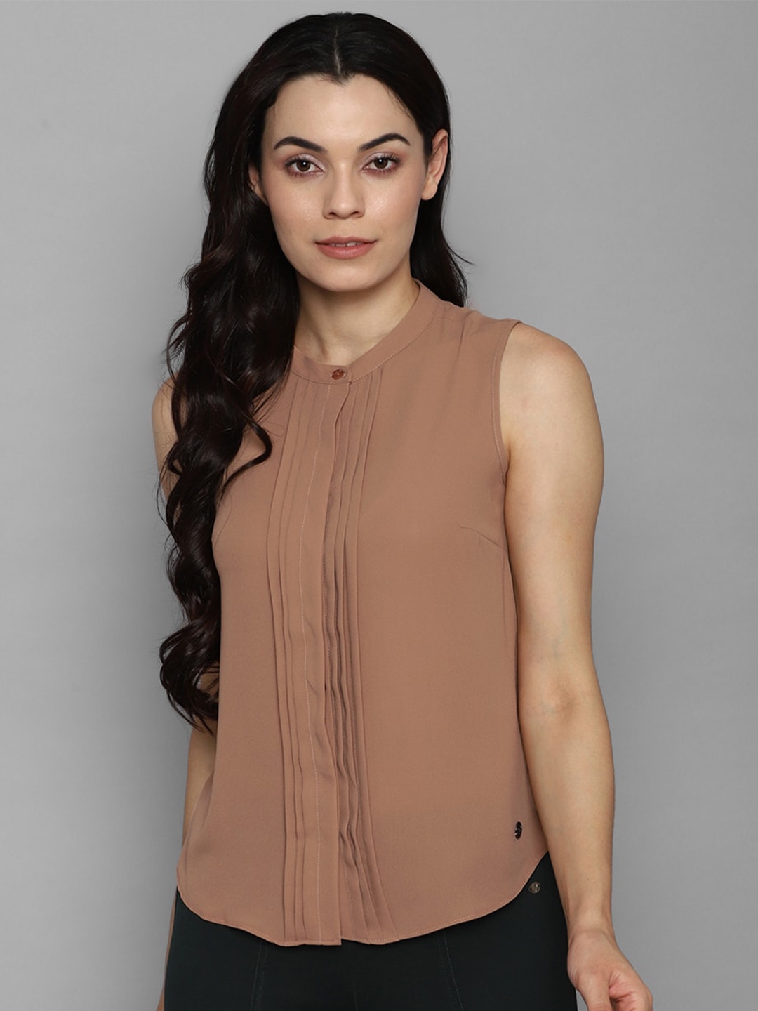 Buy Allen Solly Woman Brown Solid Mandarin Collar Regular Top Tops