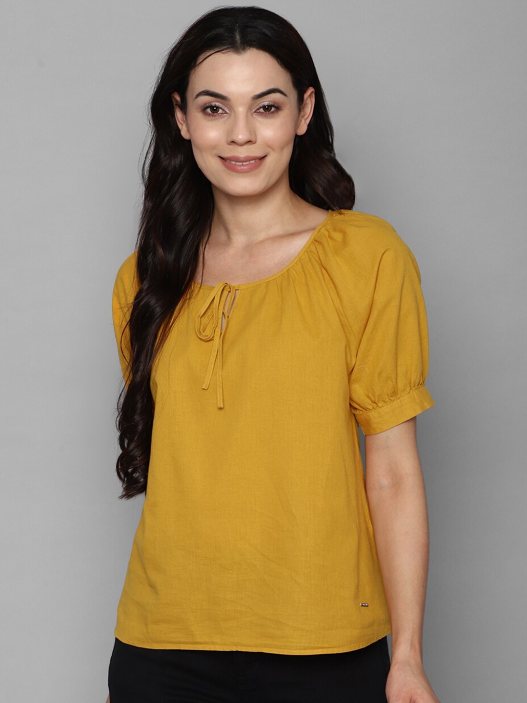 Buy Allen Solly Woman Yellow Tie Up Neck Top Tops For Women 18158248