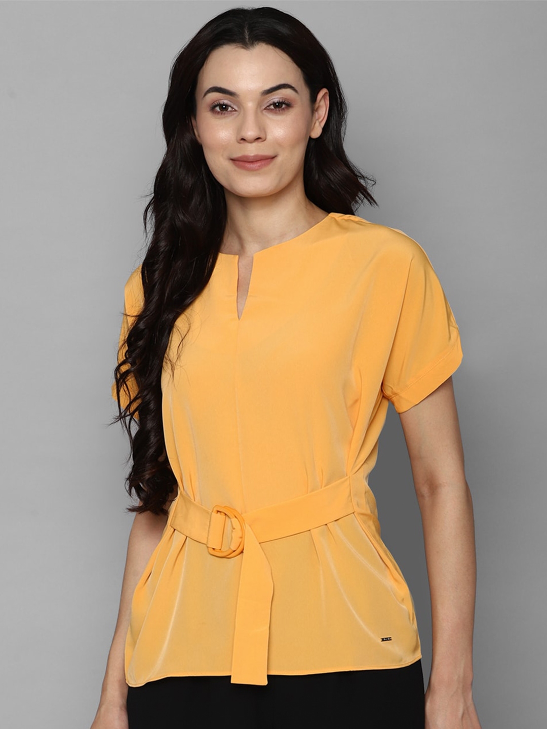 Buy Allen Solly Woman Yellow Solid Tie Up Waist Top Tops For Women
