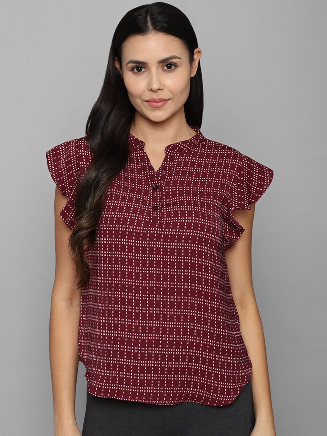 Buy Allen Solly Woman Maroon Geometric Print Mandarin Collar Top Tops