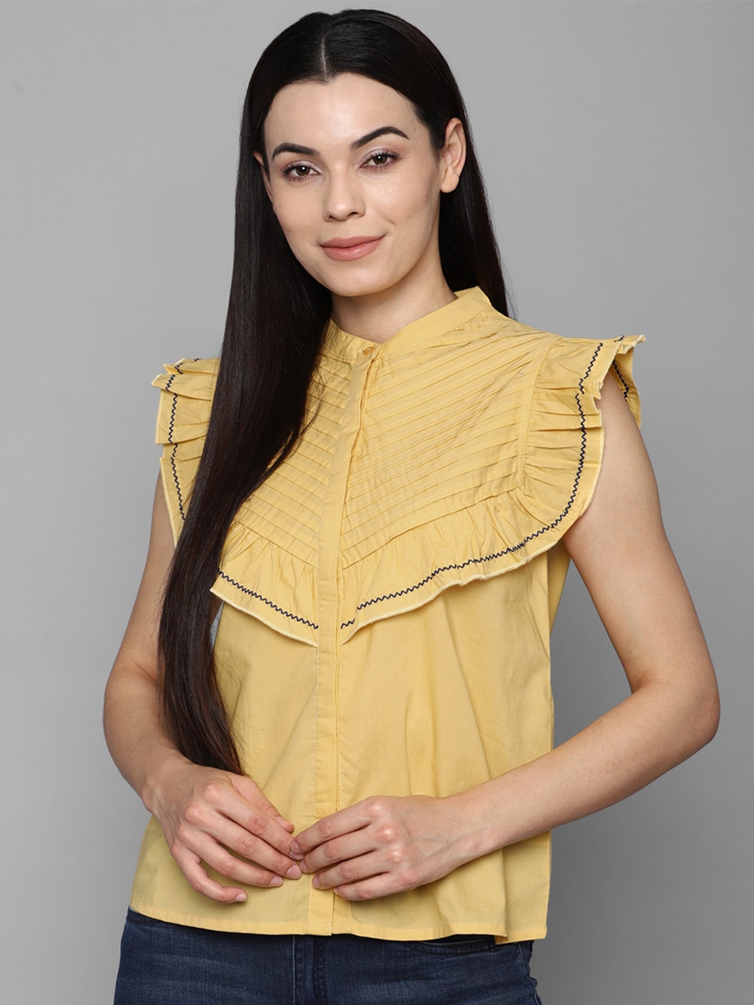Buy Allen Solly Woman Yellow Mandarin Collar Shirt Style Top Tops For