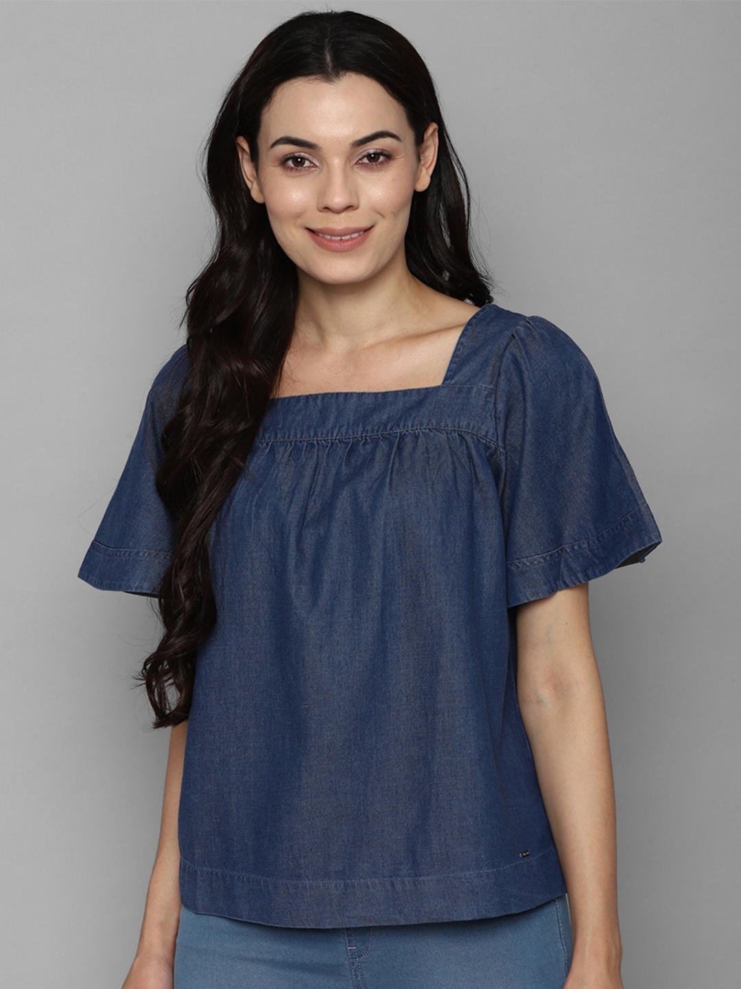 Buy Allen Solly Woman Navy Blue Solid Square Neck Regular Top Tops