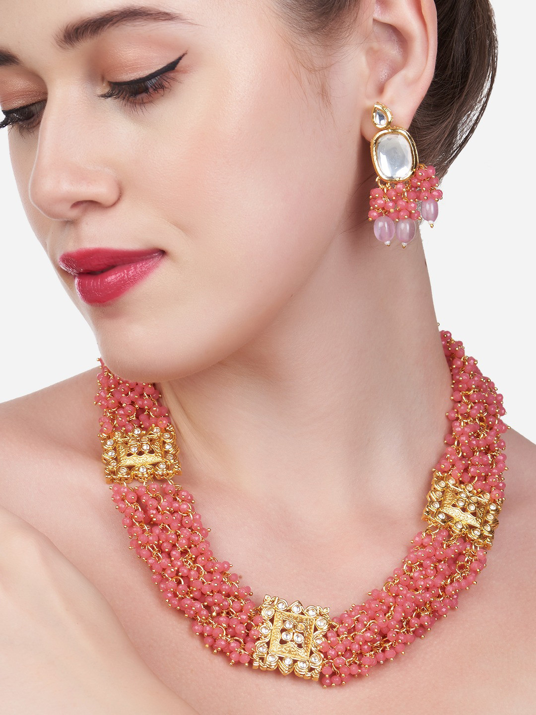 Buy Zaveri Pearls Gold Plated Pink Cluster Beaded Jewellery Set ...