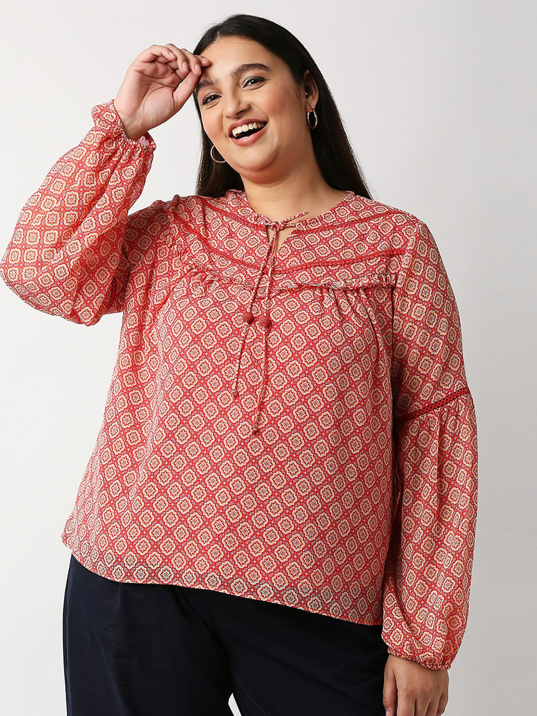 Buy 20Dresses Plus Size Red Print Tie Up Neck Chiffon Top - Tops for ...