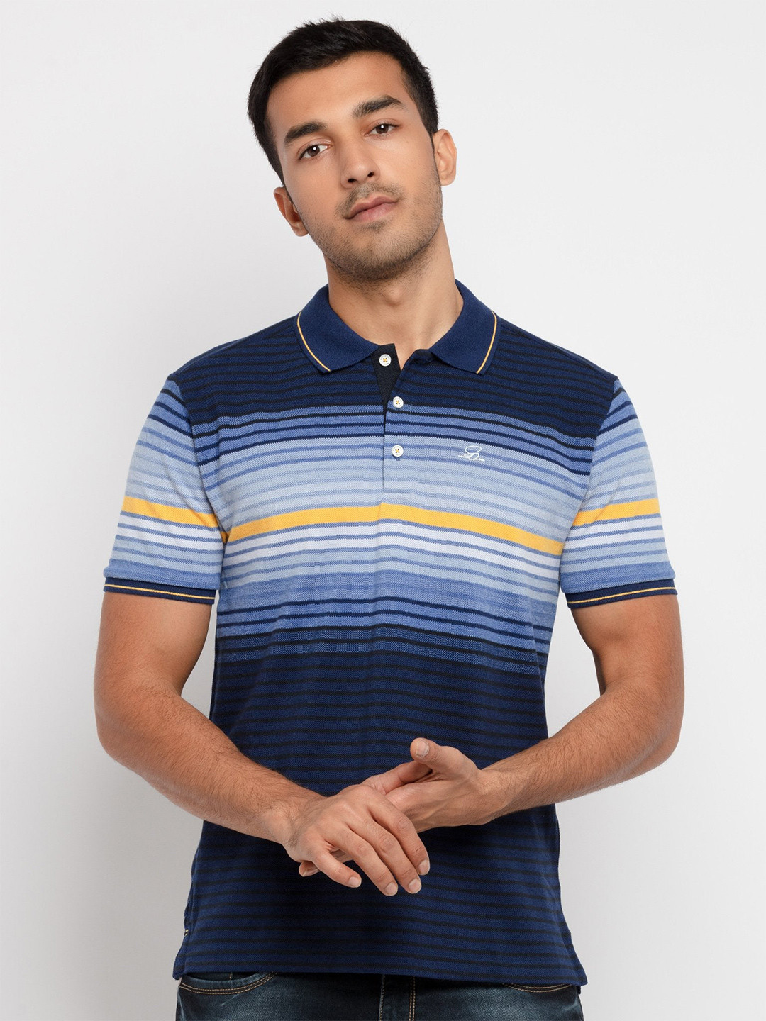 Buy Status Quo Men Navy Blue Striped Regular Fit Polo Collar T Shirt ...