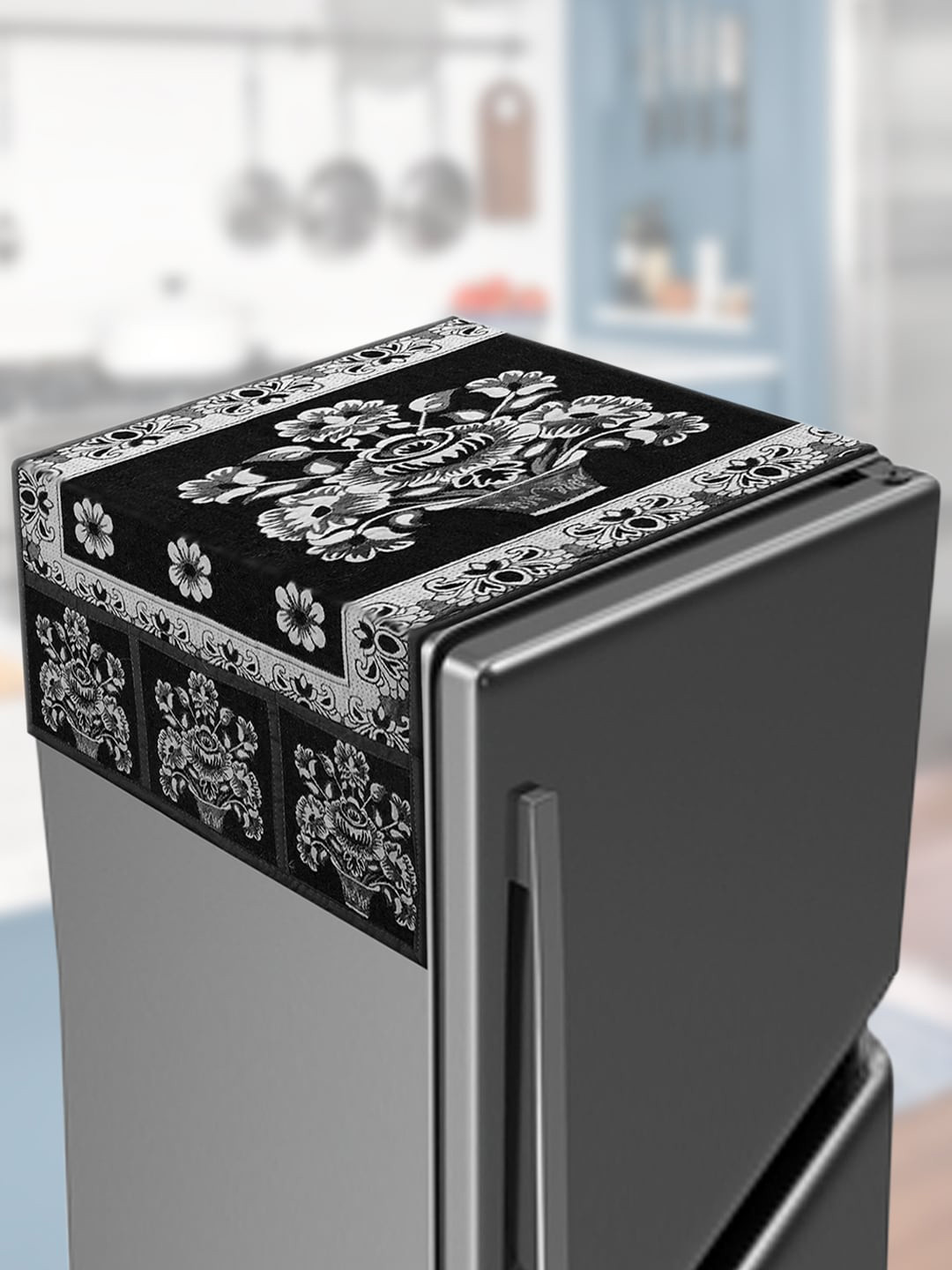 Buy Kuber Industries Black Floral Printed Cotton Fridge Top Cover With ...