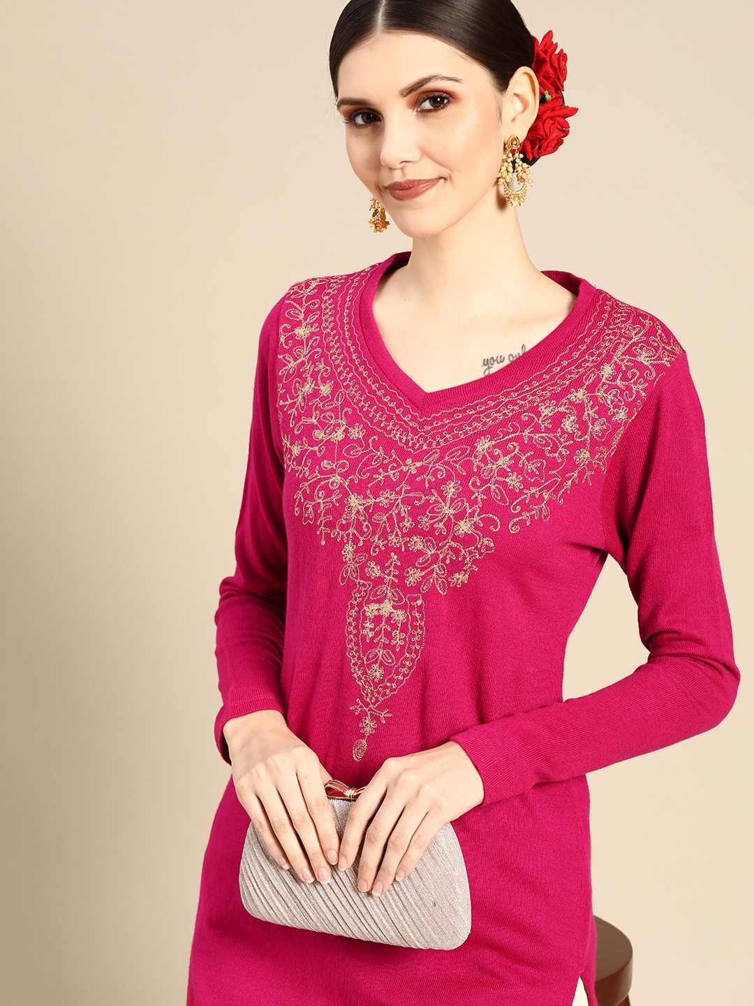 Buy Anouk Women Pink Ethnic Motifs Yoke Design Woollen Winter Straight