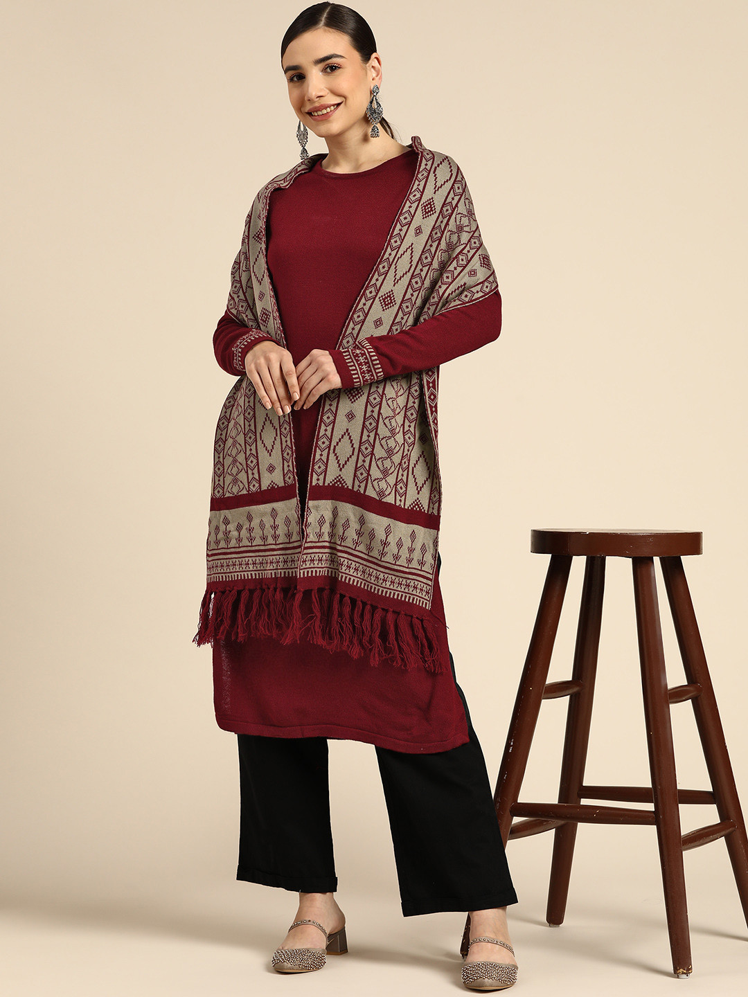 Buy Anouk Women Maroon Ethnic Motifs Knitted Acrylic Winter Kurta With ...