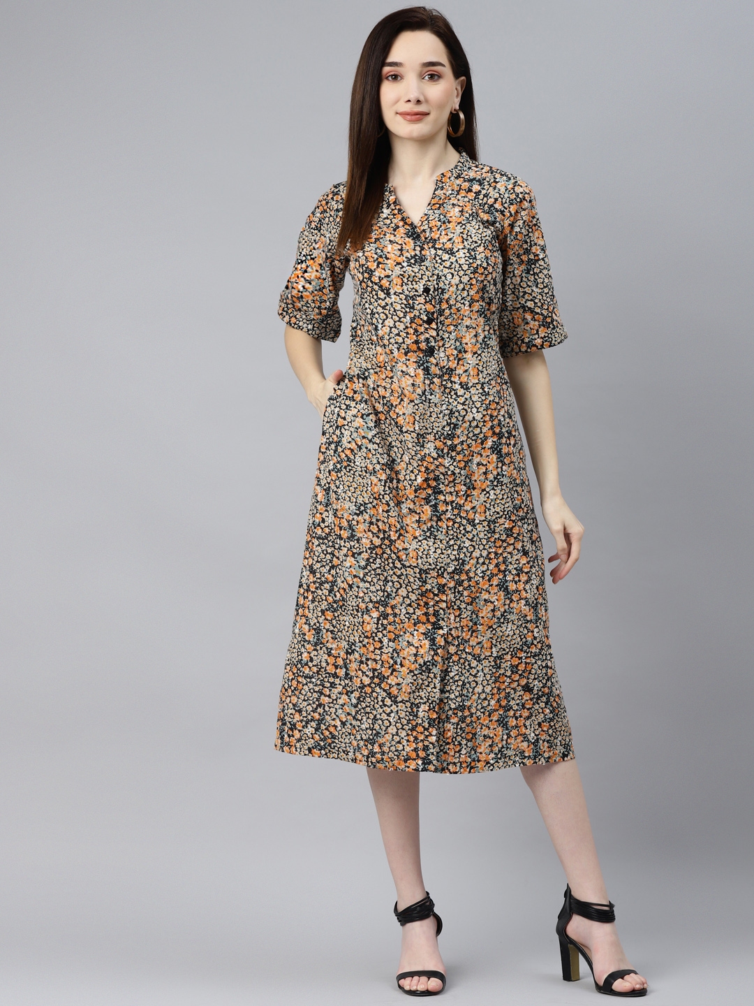 Buy Ayaany Beige And Black Floral Mandarin Collar A Line Midi Dress