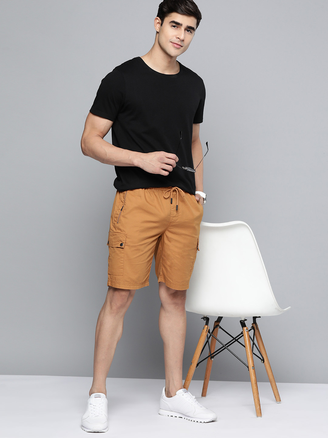 Buy Mast & Harbour Men Mustard Brown Solid Pure Cotton Cargo Shorts ...