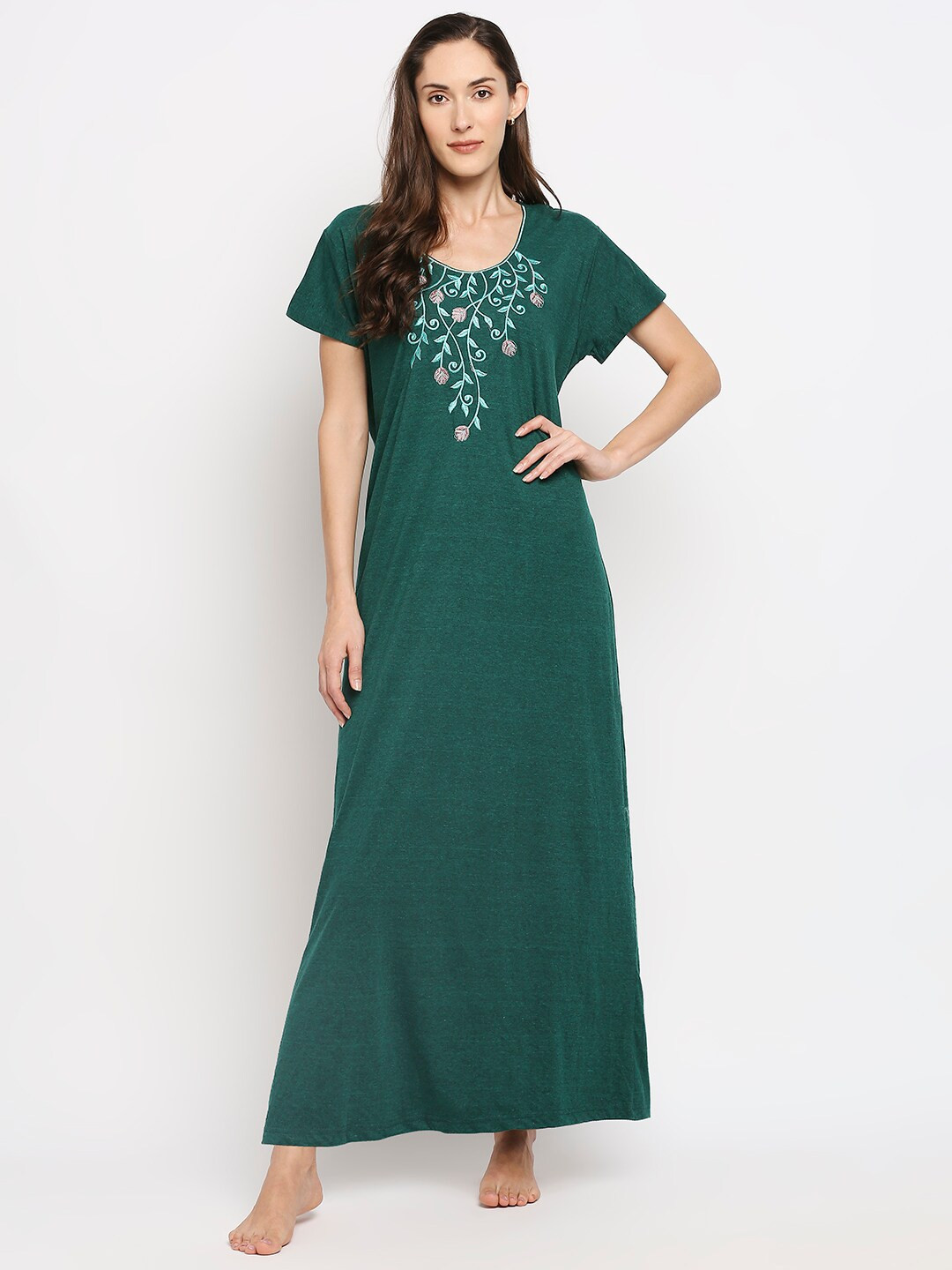 Buy Pretty Awesome Green Embroidered Maxi Nightdress - Nightdress for ...