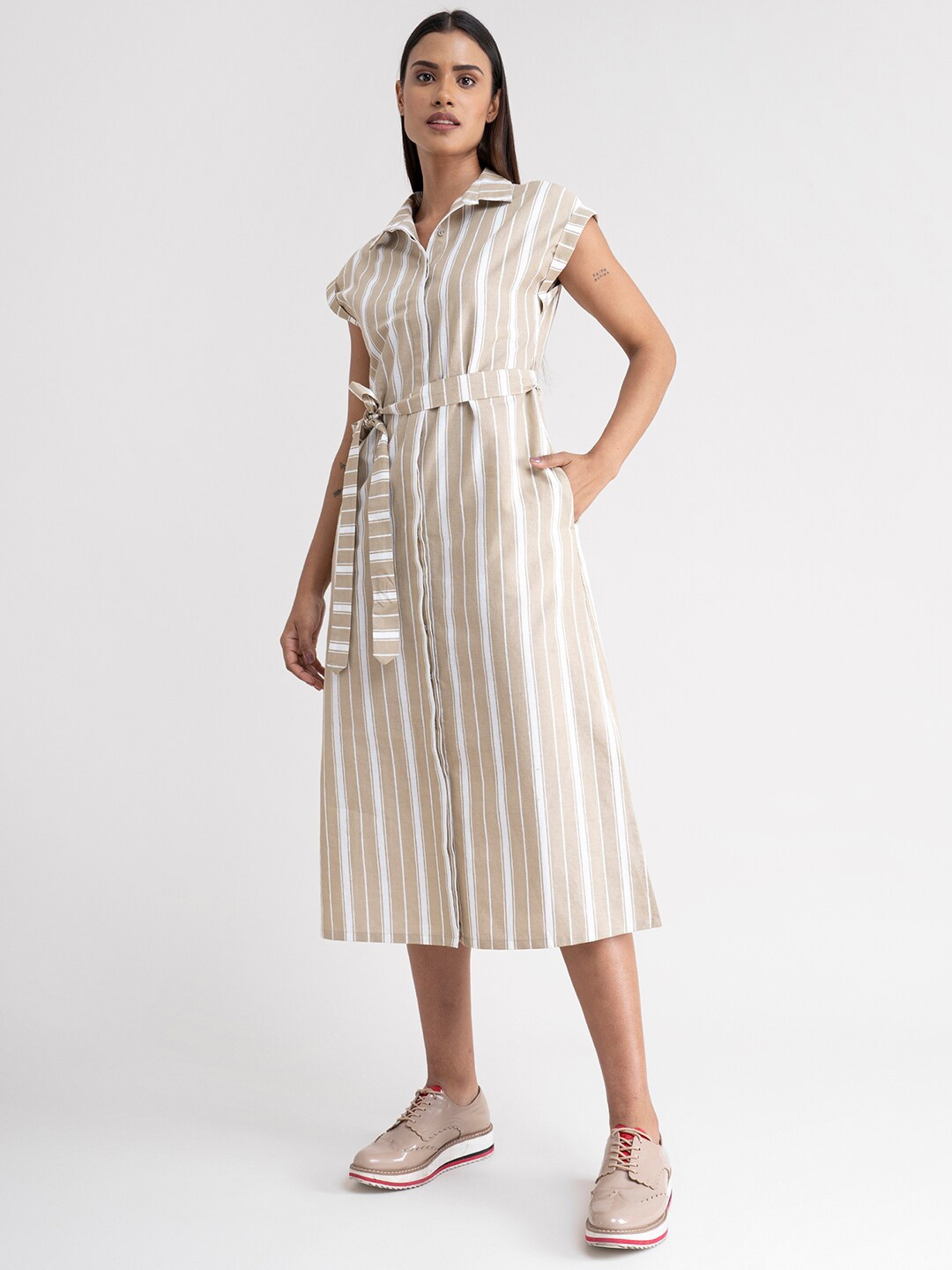 Buy Fablestreet Beige And White Striped Linen Shirt Midi Dress Dresses For Women 18175120 Myntra