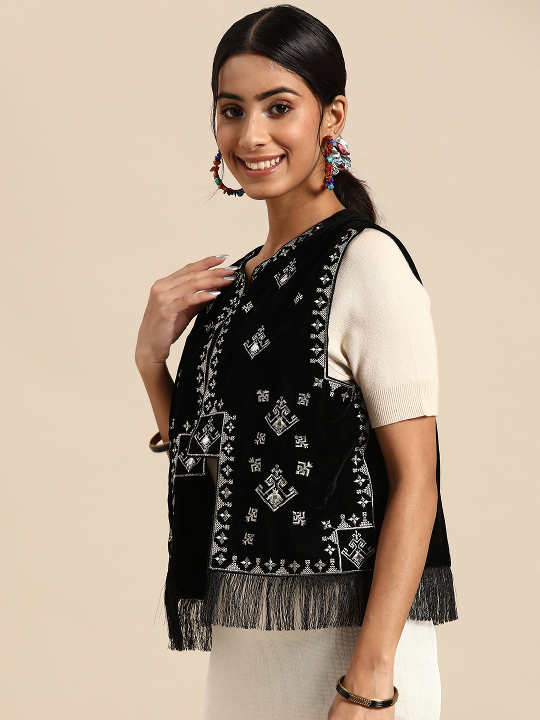 Buy Sangria Women Embroidered Mirror Work Open Front Fusion Jacket ...