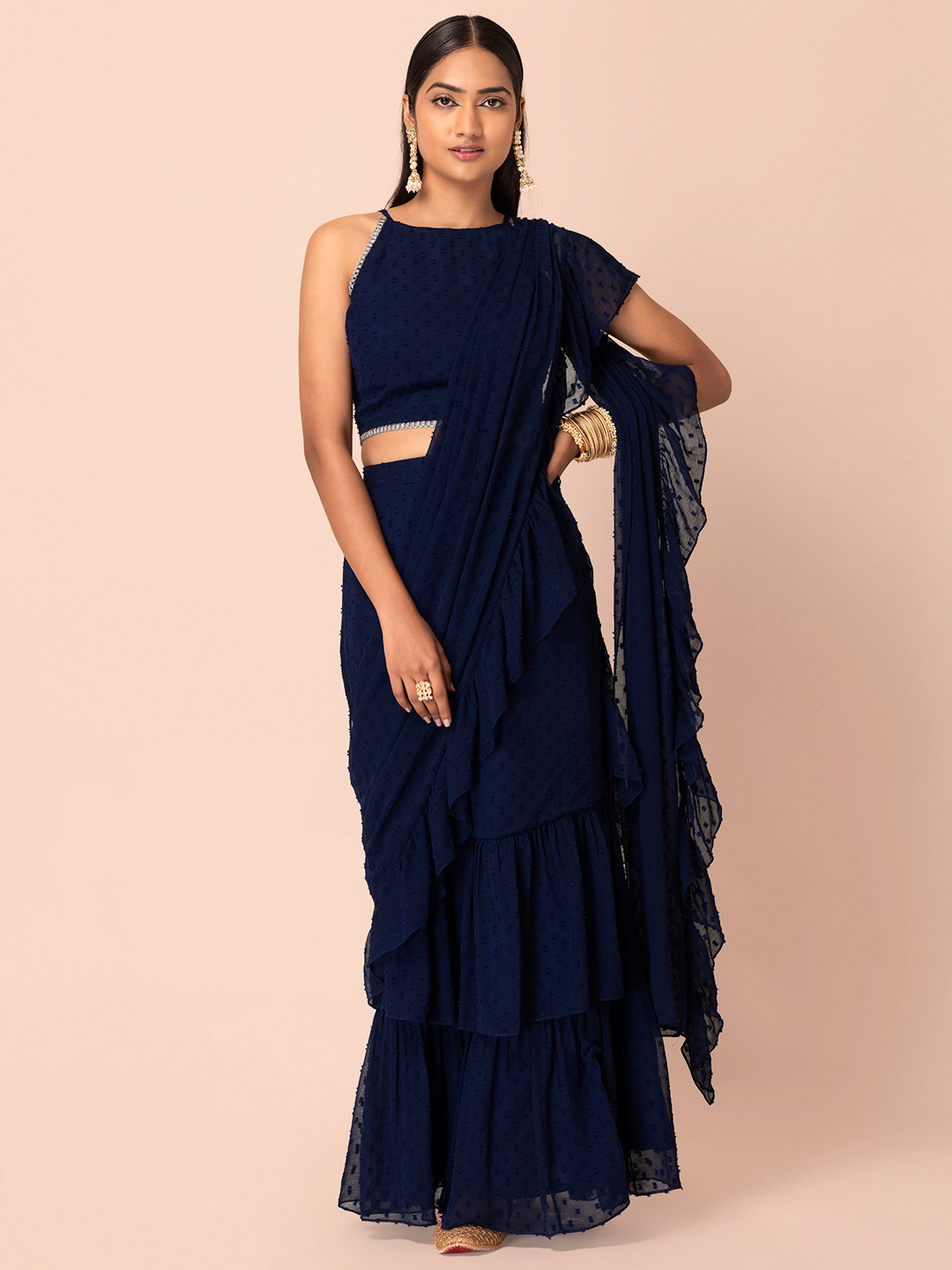 Buy INDYA Navy Blue Ruffled Pre Draped Saree - Sarees for Women ...