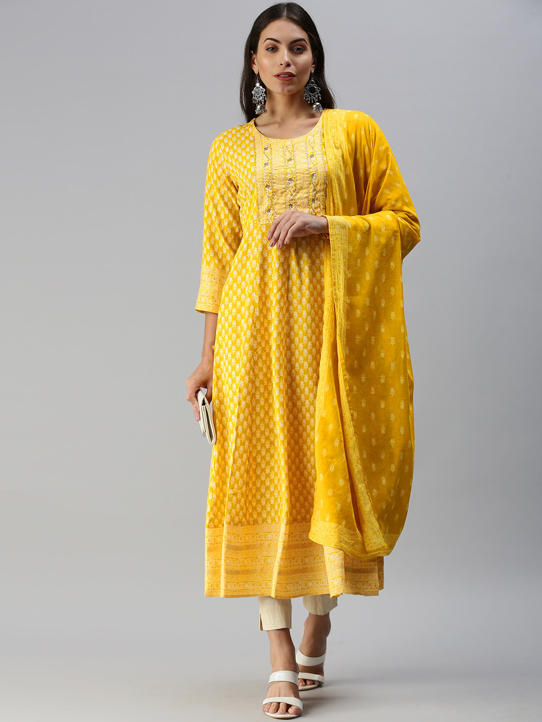 Buy Kay Fashions Yellow Ethnic Motifs Printed Anarkali Kurta - Kurtas ...