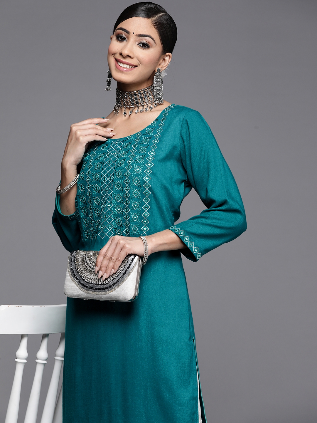 Buy Libas Women Blue Geometric Yoke Design Mirror Work Kurta Kurtas
