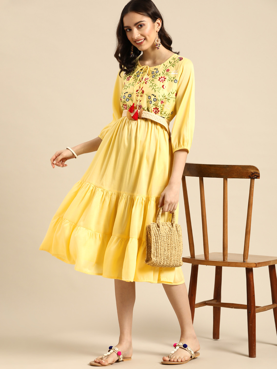 Buy Sangria Yellow Ethnic Motifs Embroidered A Line Midi Dress - Ethnic ...
