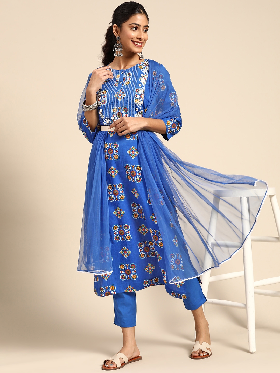 Buy Sangria Women Blue And White Ethnic Motifs Printed Pure Cotton Kurta