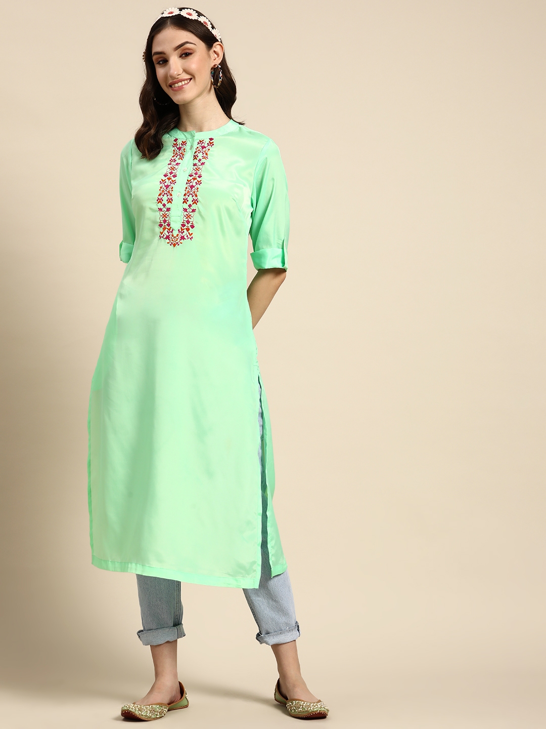 Buy Sangria Women Green Ethnic Motifs Embroidered Thread Work Kurta