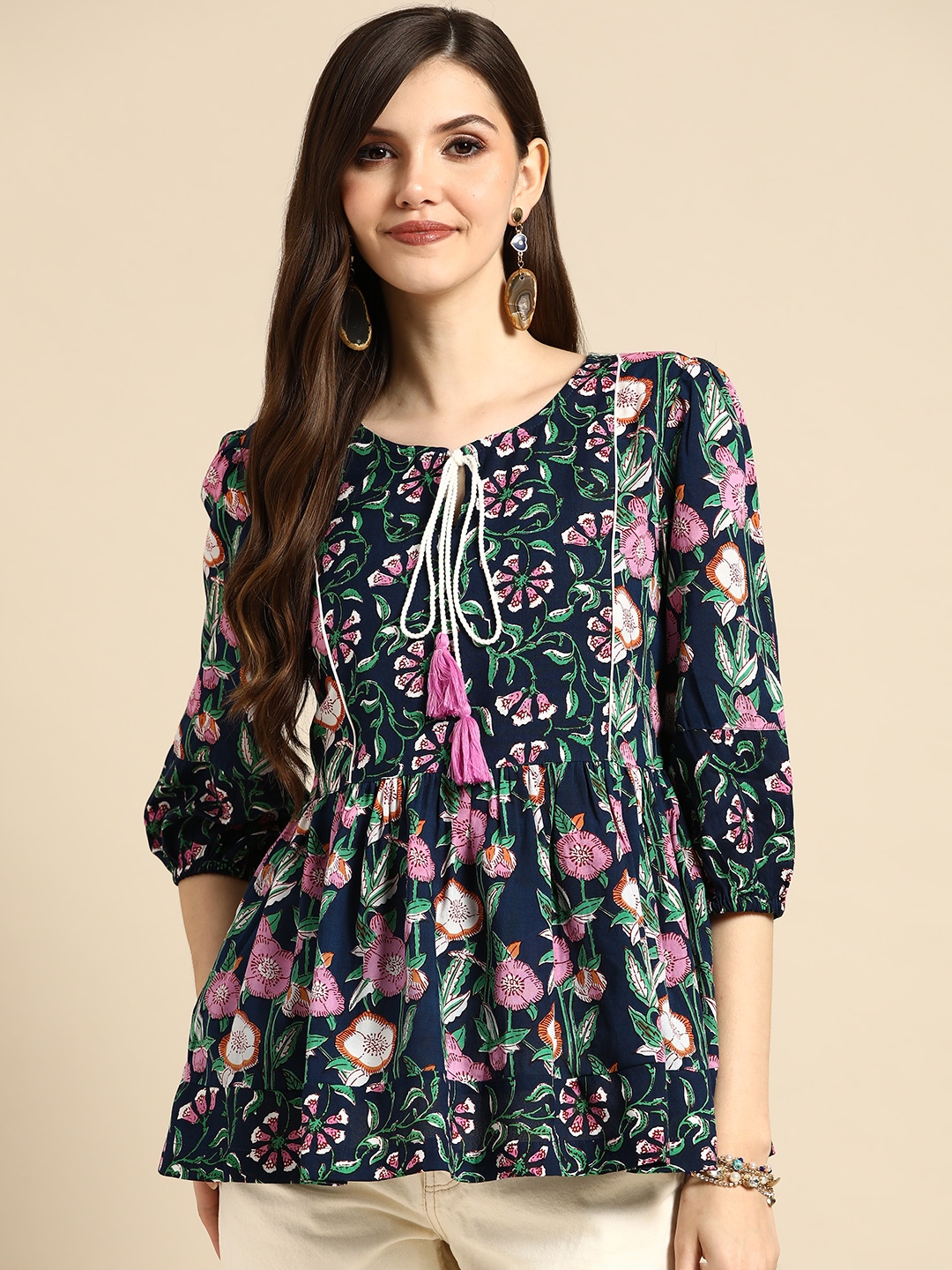 Buy Sangria Navy Blue And Lavender Ethnic Print Tie Up Neck A Line Top
