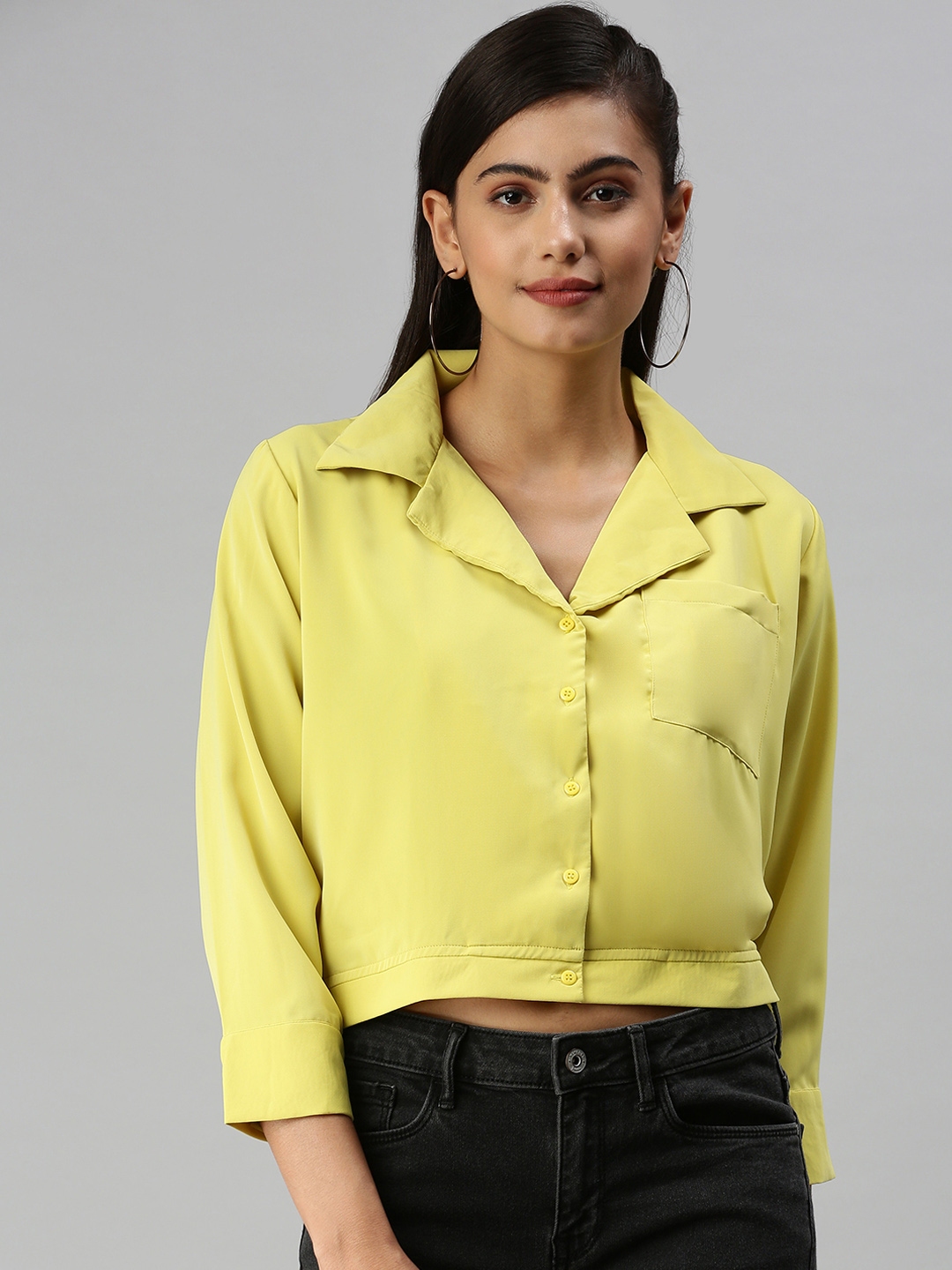 Buy Showoff Lime Green Shirt Style Crop Top Tops For Women 18186650