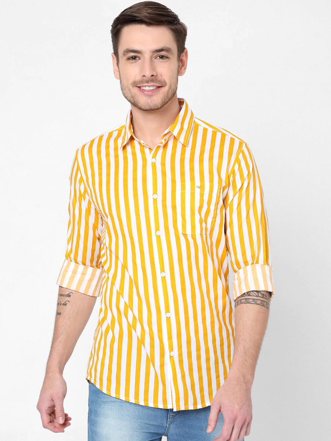 Buy Mufti Men White Classic Slim Fit Striped Casual Shirt - Shirts for ...