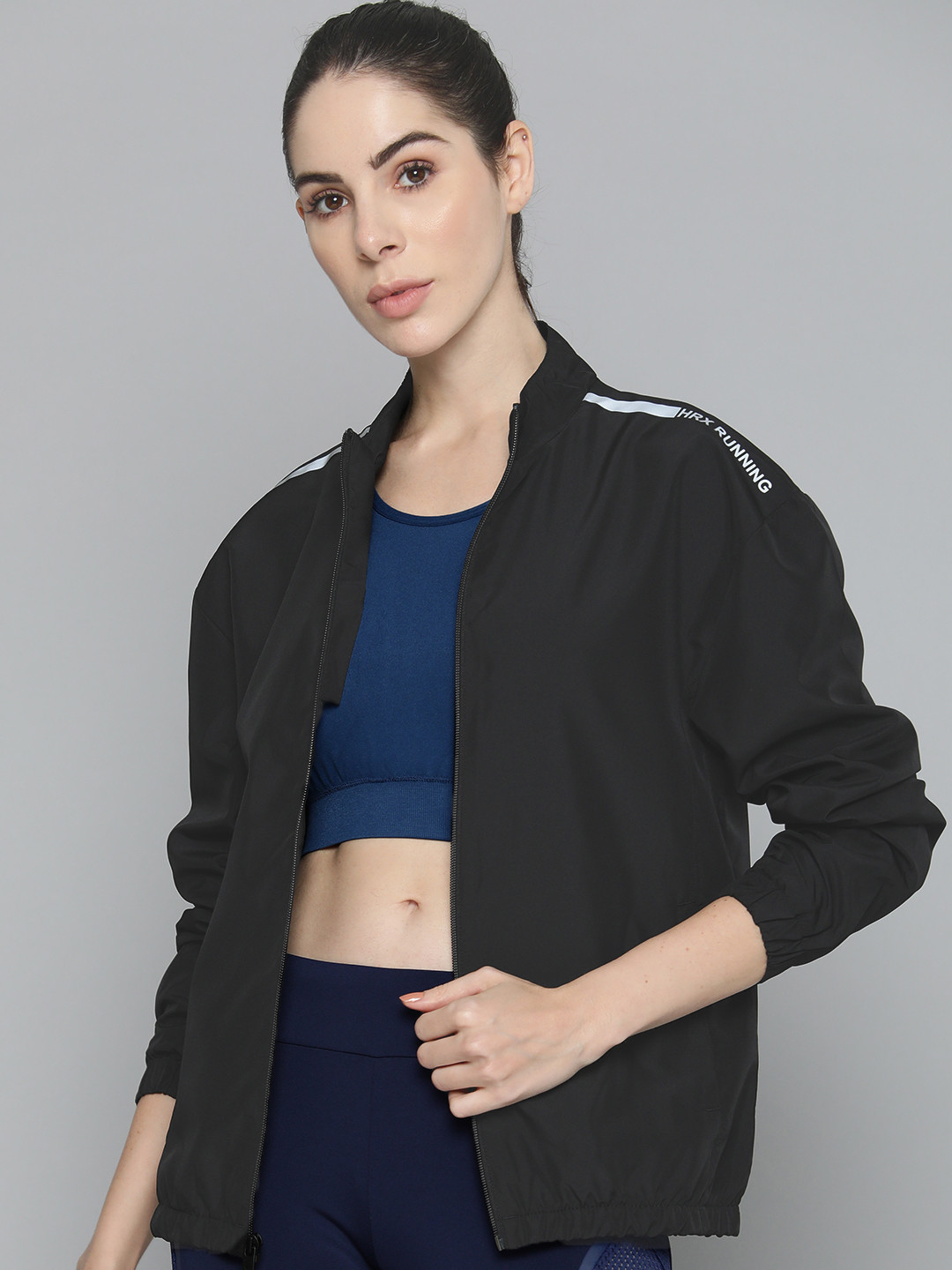 Buy HRX By Hrithik Roshan Women Black Solid Running Sporty Jacket ...