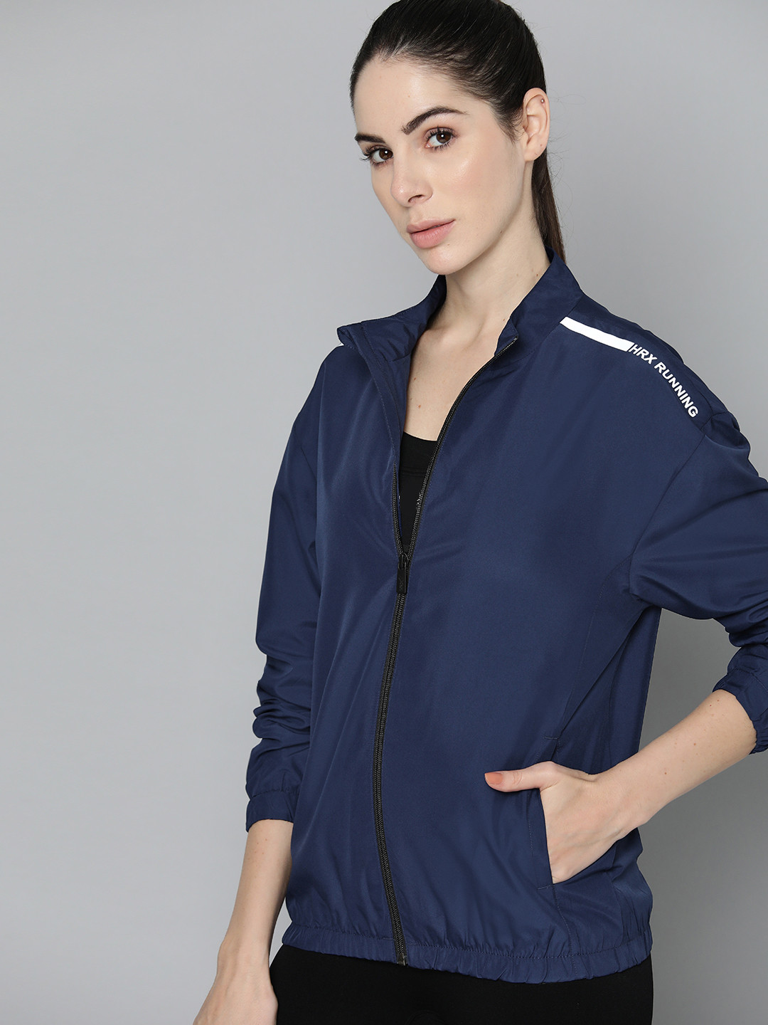 Buy HRX By Hrithik Roshan Women Navy Blue Solid Running Jacket ...