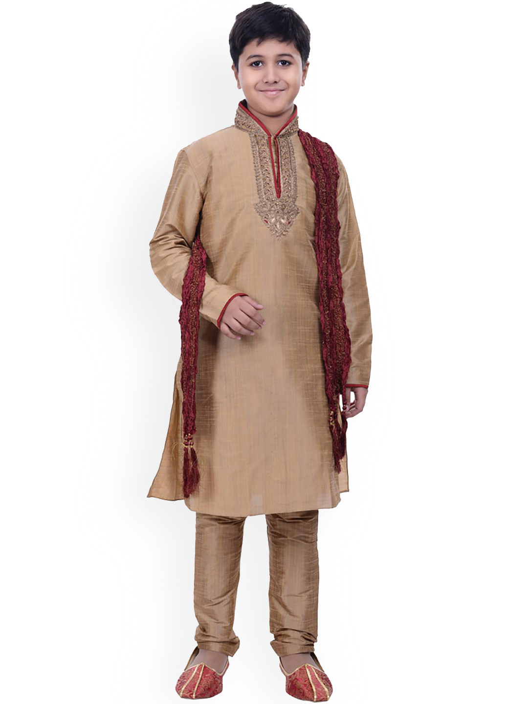 Buy Manyavar Boys Cream Coloured Yoke Design Empire Kurta With Churidar ...