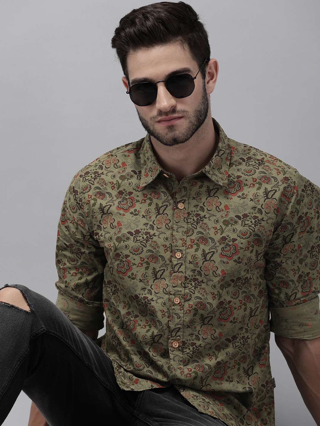 Buy Pepe Jeans Men Olive Green Floral Printed Pure Cotton Casual Shirt ...