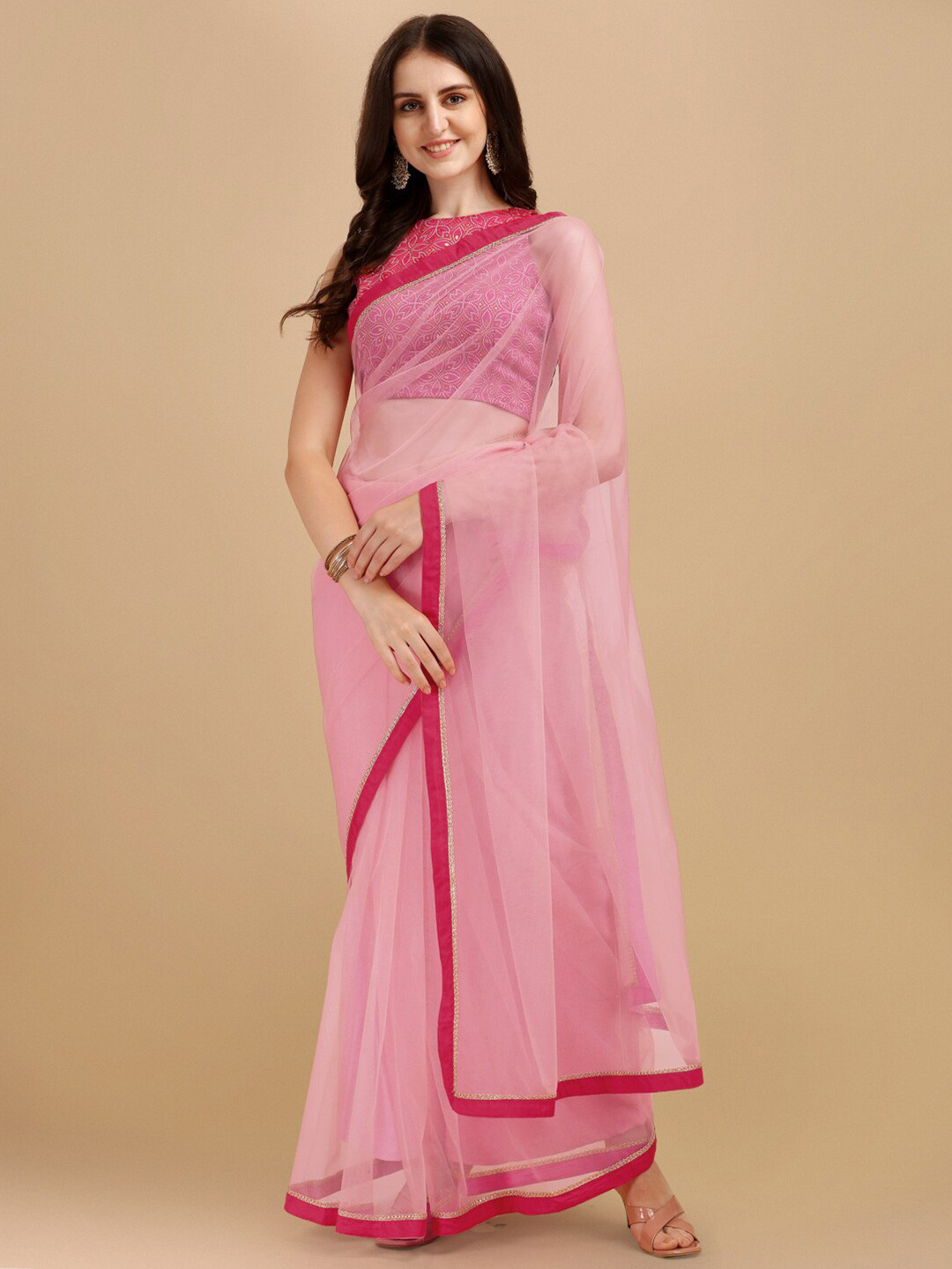 Buy Sangria Women Light Pink Net Saree With Brocade Blouse Piece ...