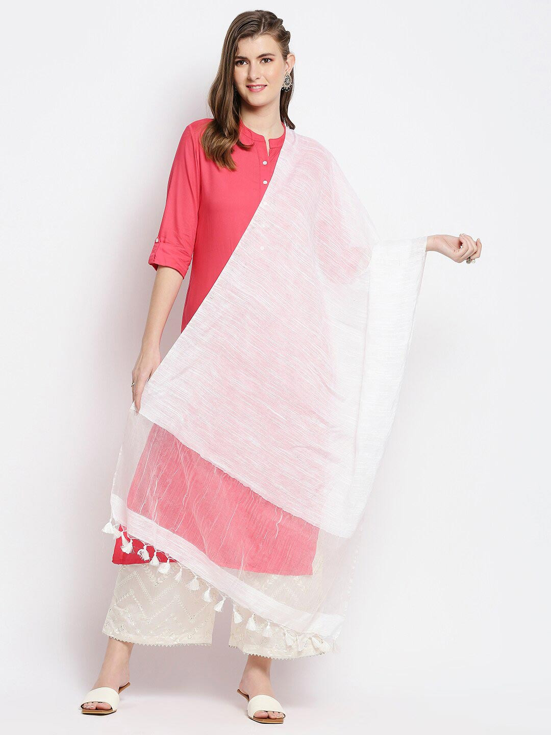 Buy Dupatta Bazaar White Woven Design Linen Dupatta - Dupatta for Women ...