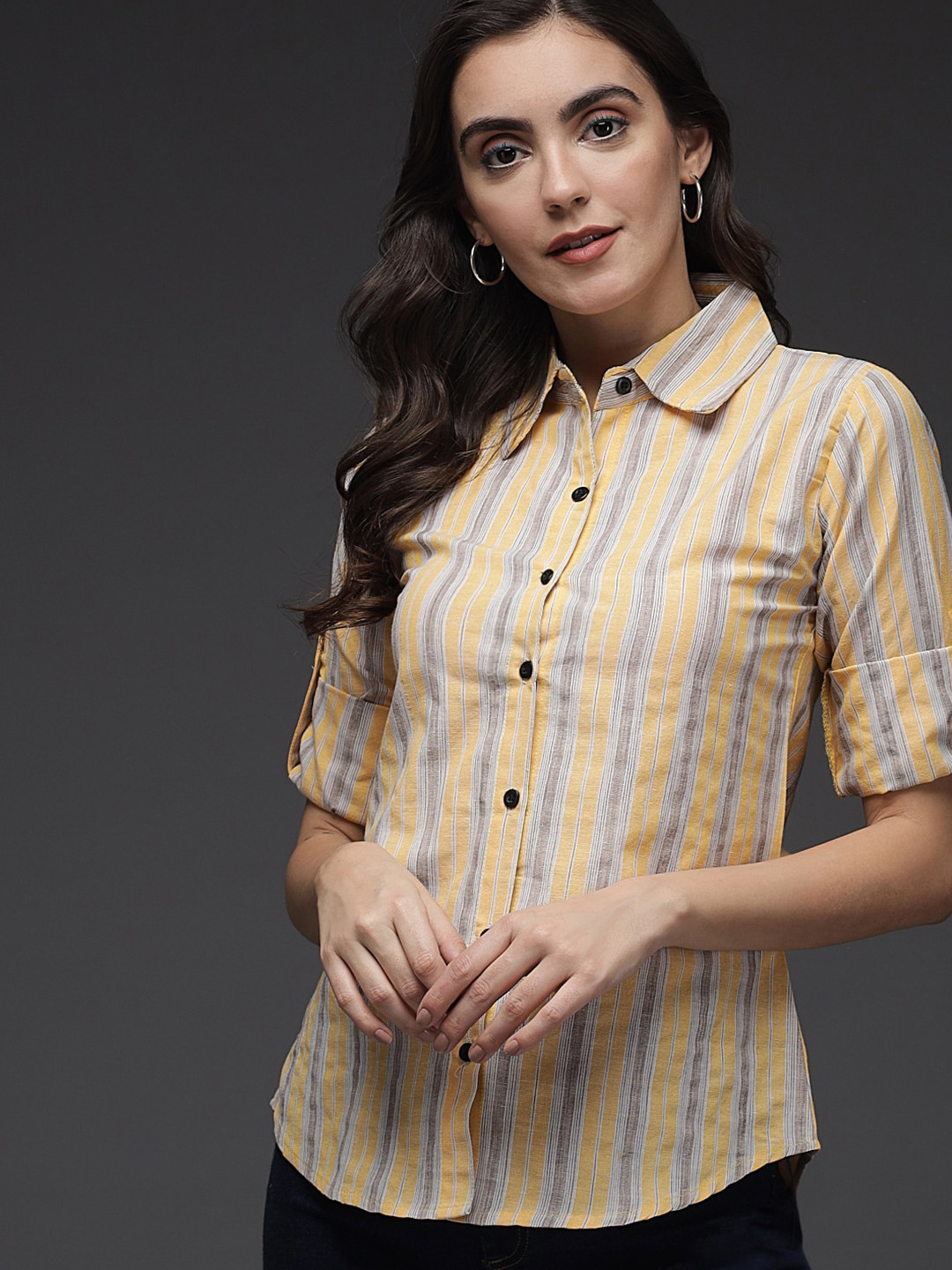 Buy Darzi Women Yellow Comfort Vertical Striped Casual Shirt - Shirts ...