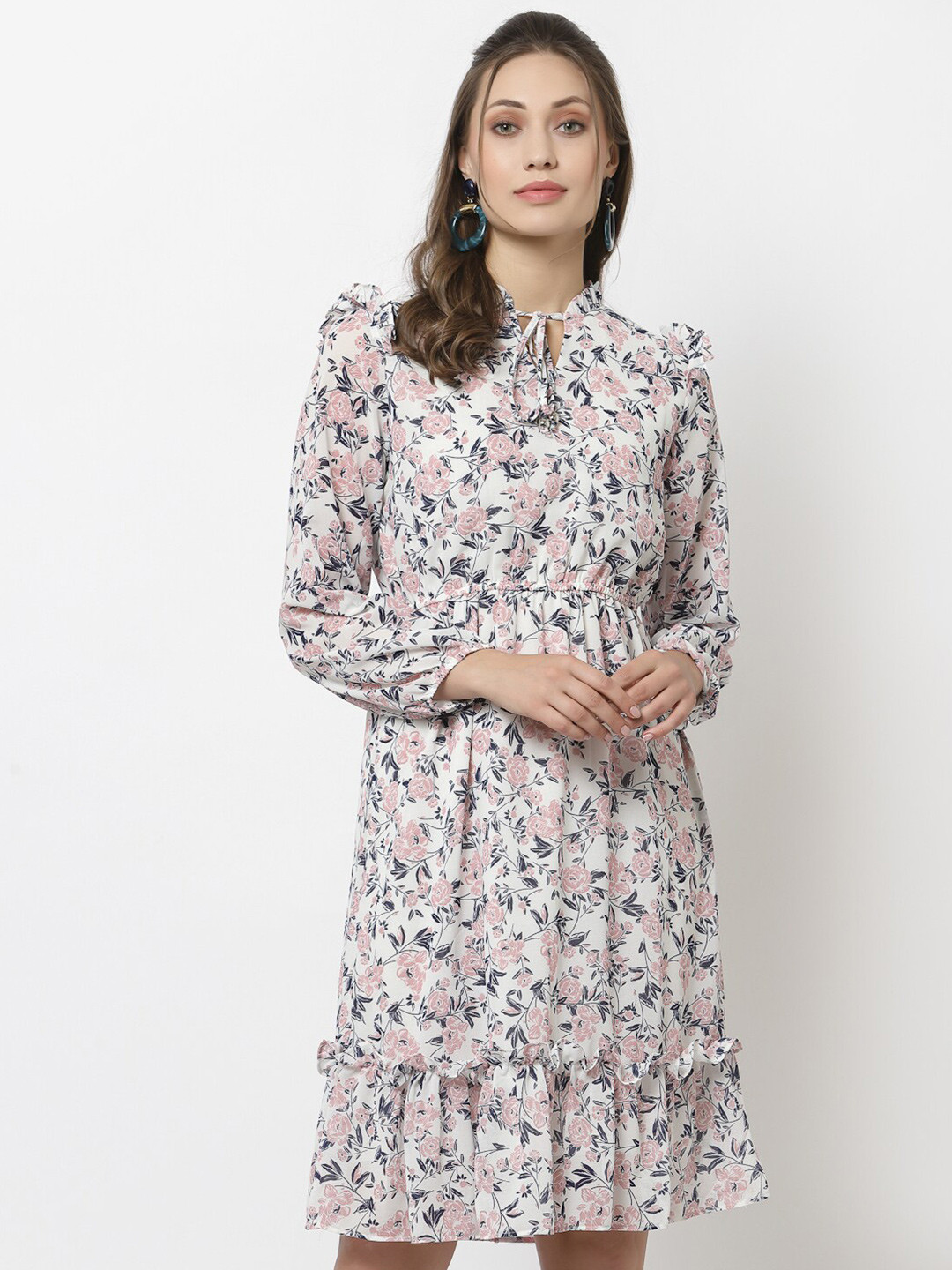 Buy Gipsy White Floral Print Tie Up Neck Georgette Longline Top - Tops ...