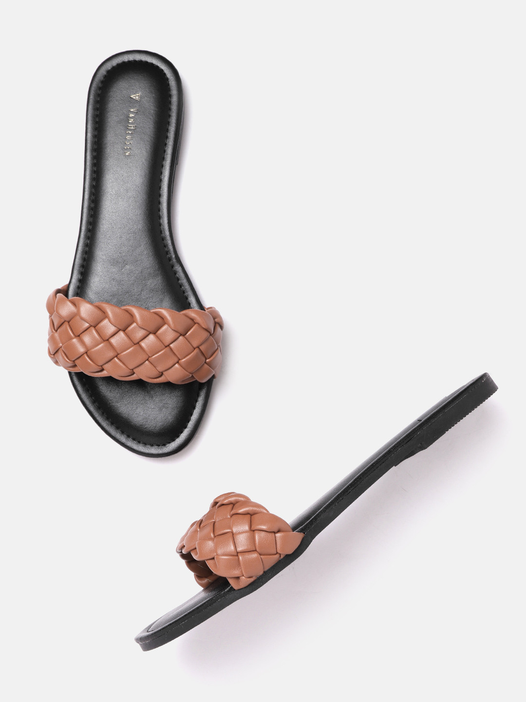 Buy Van Heusen Woman Coffee Brown Braided Woven Design Open Toe Flats ...
