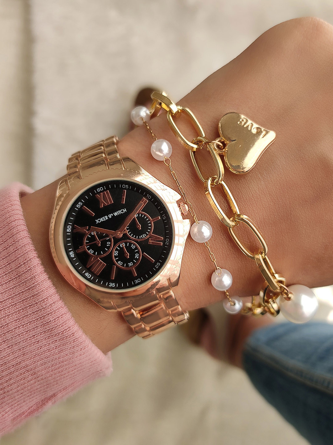 Buy JOKER & WITCH Women Gold Toned & Black Watch Gift Set JWBS611 ...